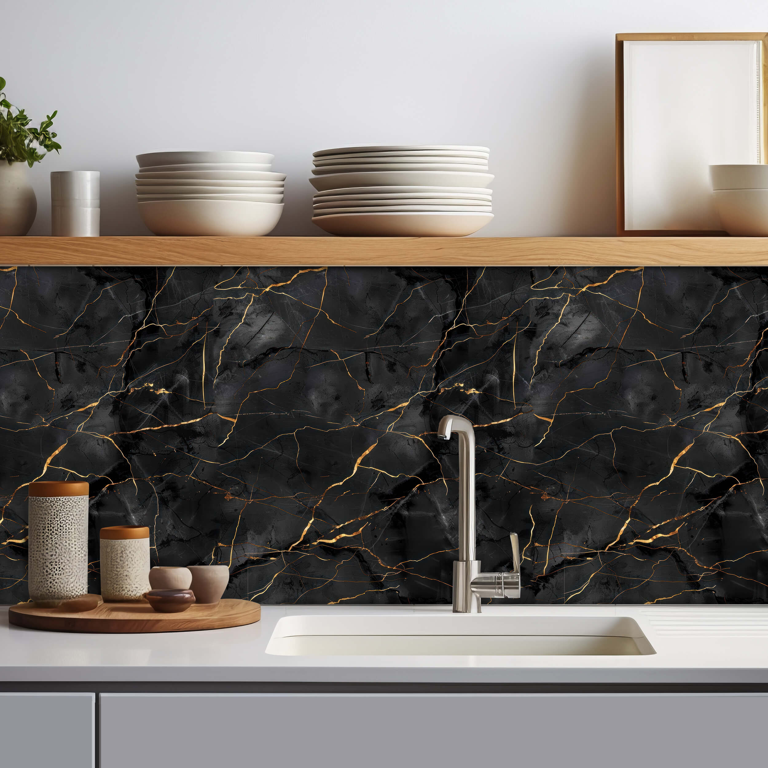 Crédence adhésive effet marbre noir et or 30x70cm | Leroy Merlin