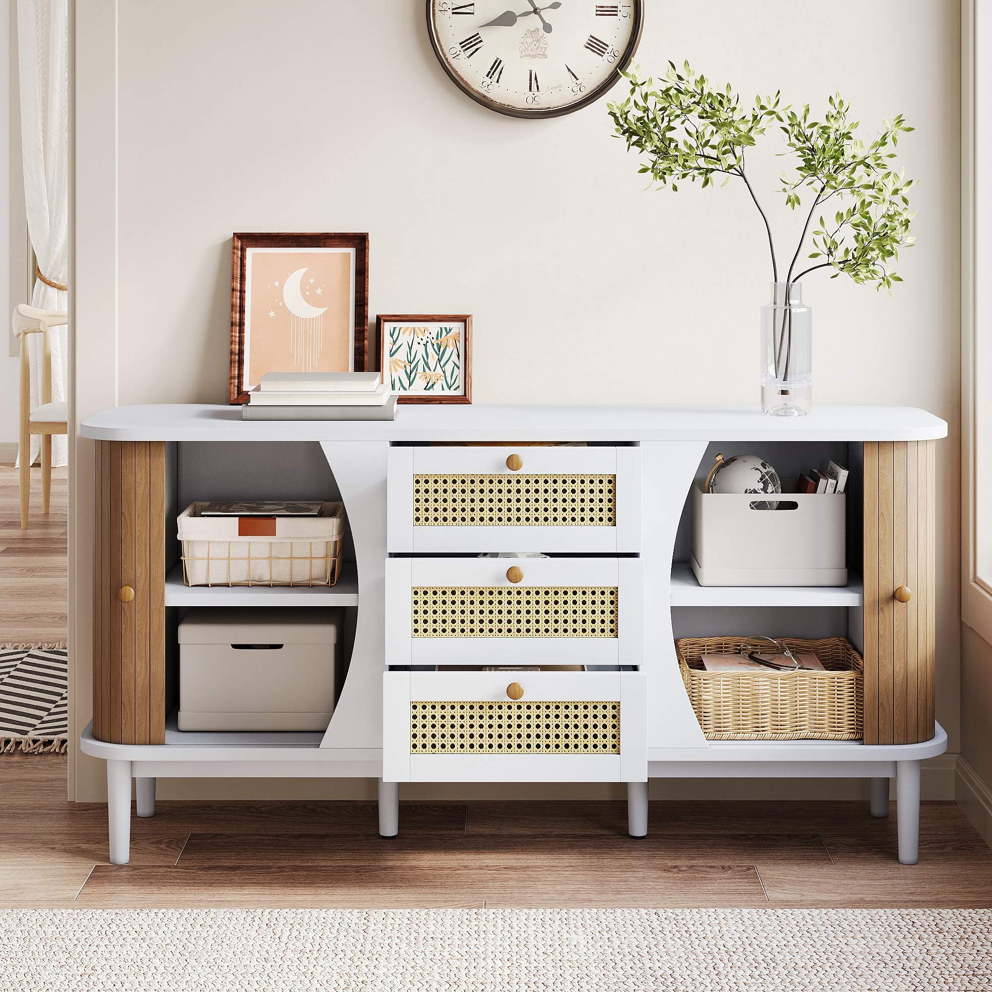 Commode Rattan - Porte coulissante, étagères réglables, plateau courbé ...