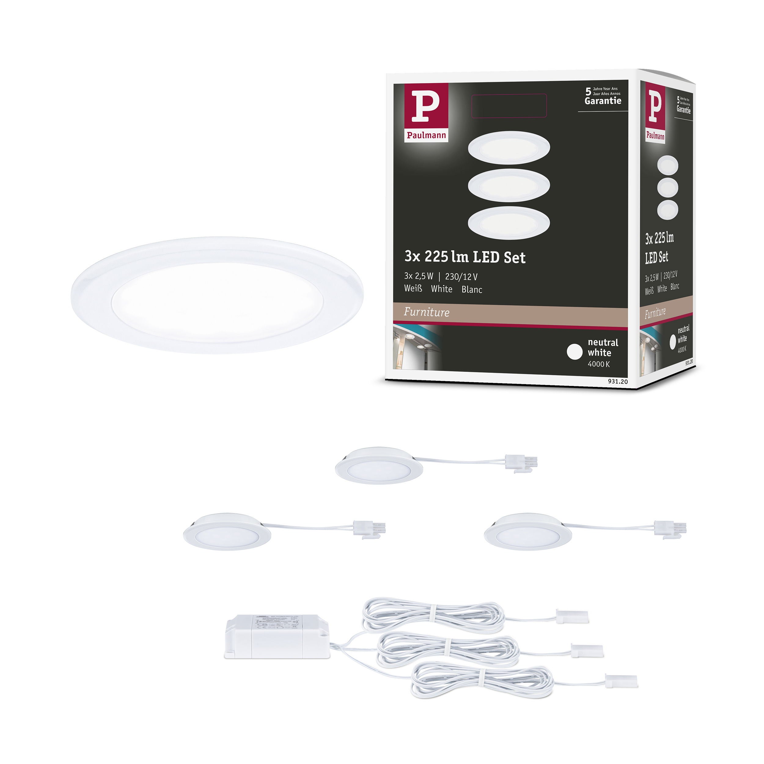 Éclairages encastrés LED pour meubles Kit de 3 rond 65mm 3x2,5W 3x180lm ...