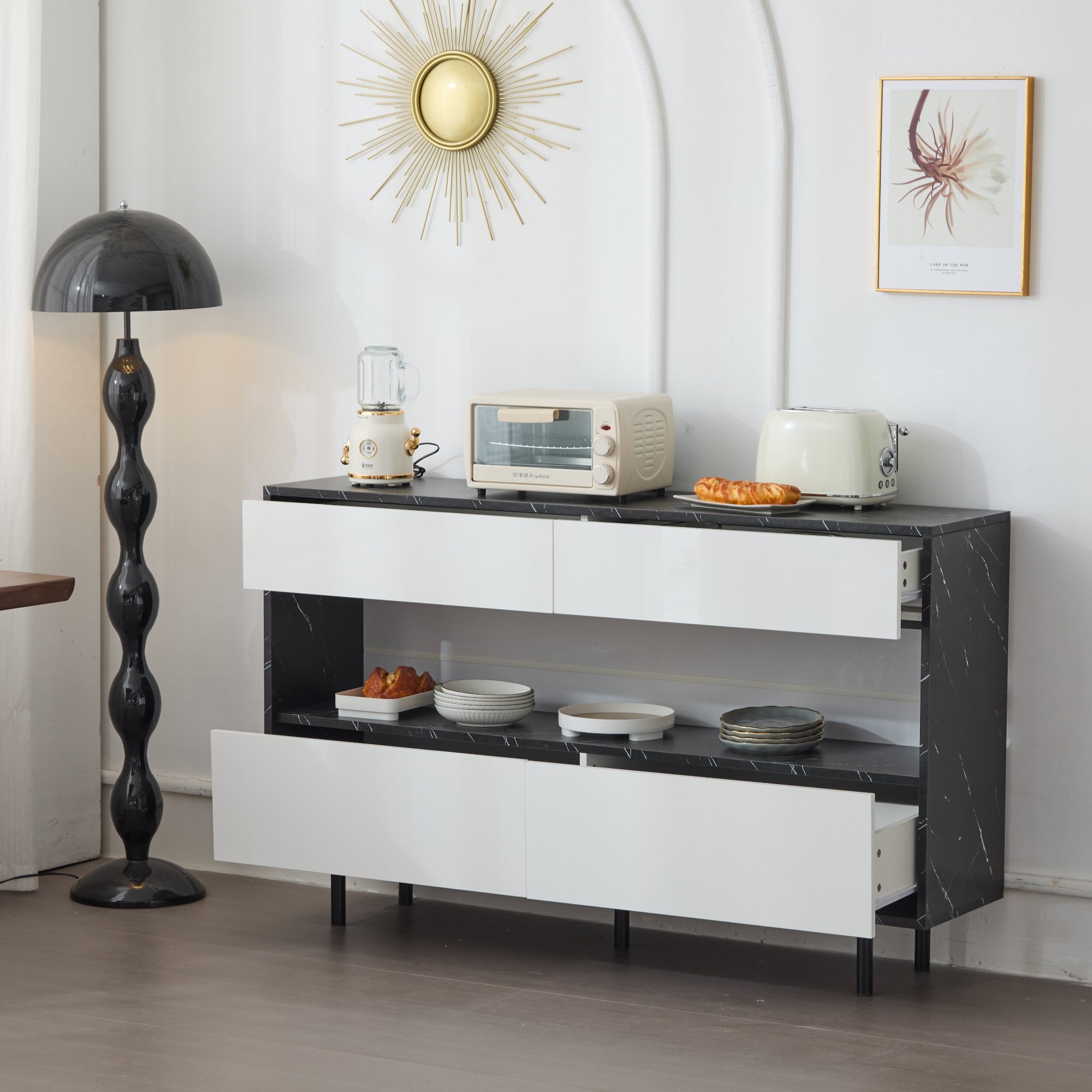 Buffet 150x35x89.5 cm avec rangement ouvert 4 tiroirs éclairage LED ...