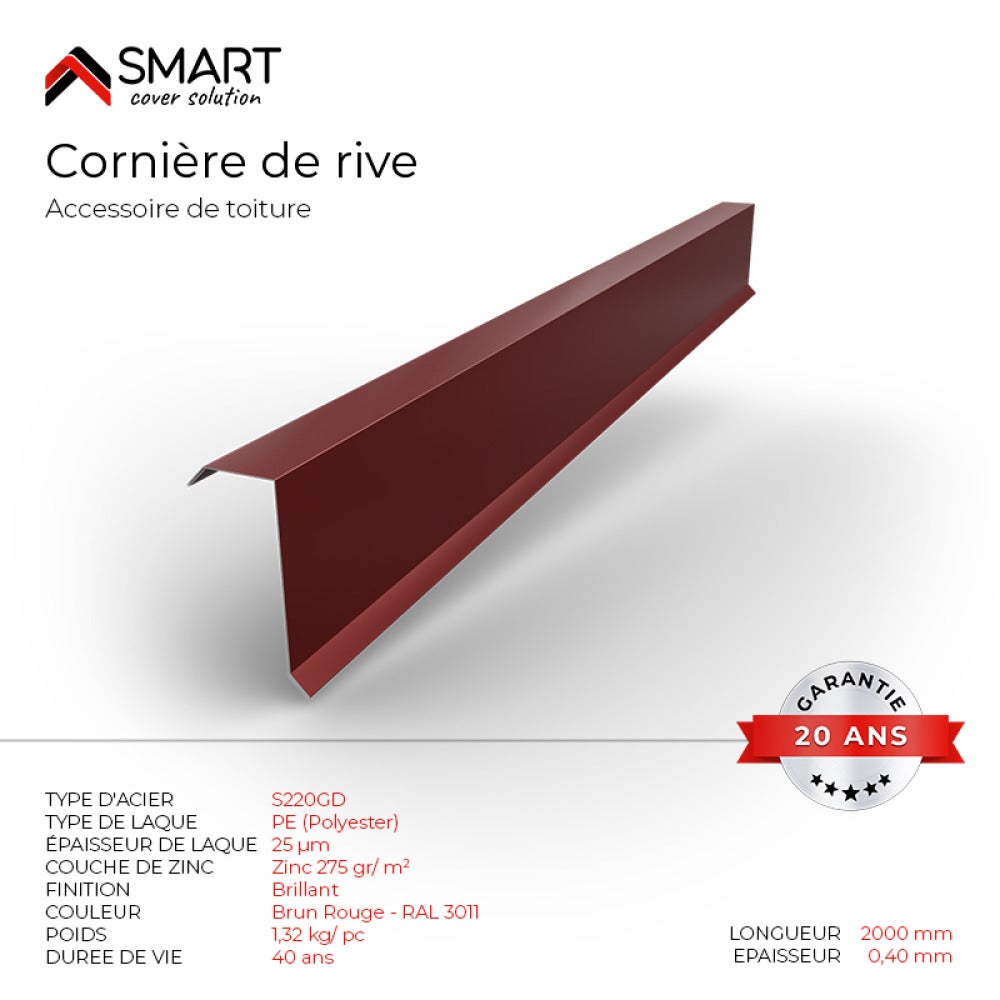 Cornière de rive - bac acier - tôle de couverture - Toiture - H12 Brun Rouge RAL 3011 L=2m ...