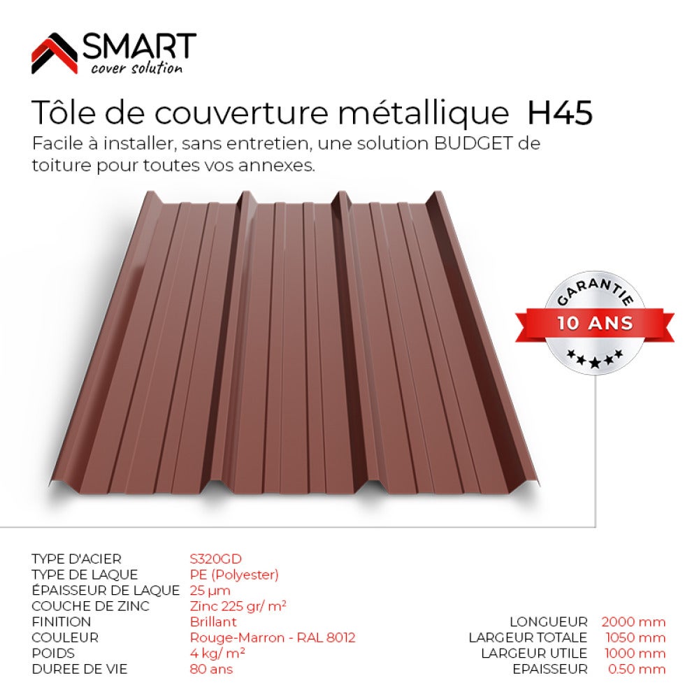 Tôle bac acier - Toiture - Couverture - plaque TR45 Coloris Rouge ...