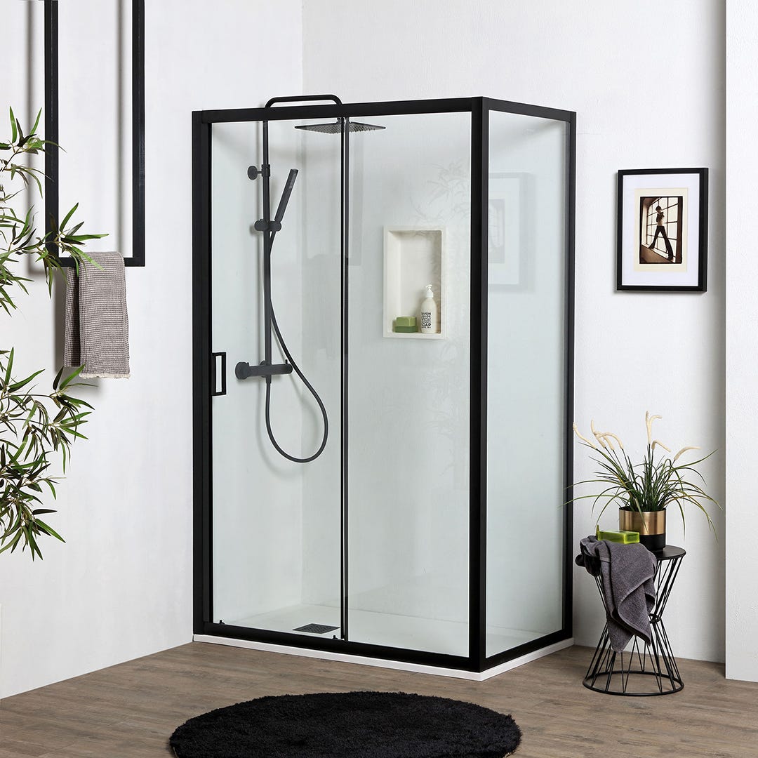 Porte de douche niche 100 cm porte coulissante + paroi fixe 70 cm ...