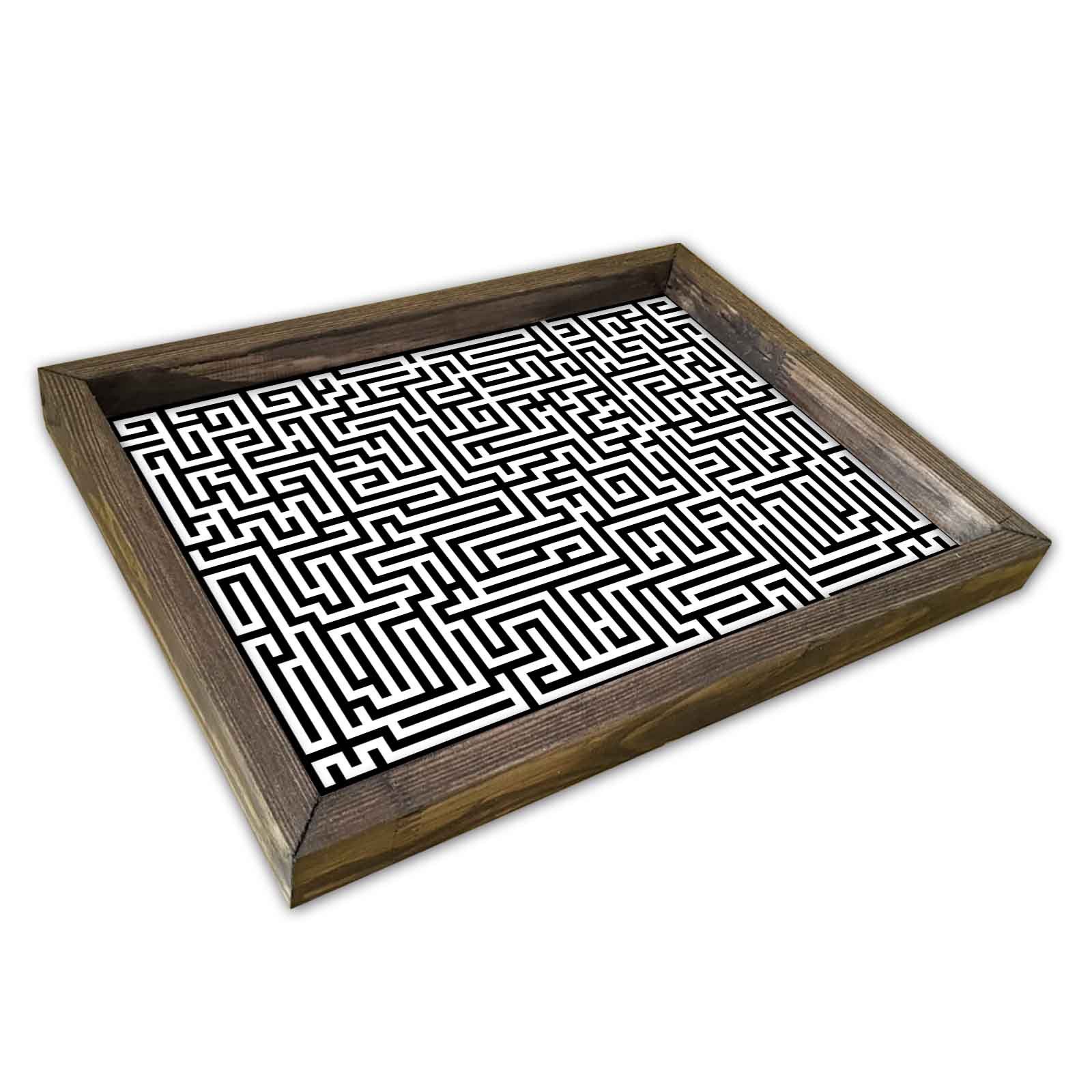 Plateau de table rectangle Caupona 30x40cm Pin massif foncé et Motif Labyrinthe Noir et Blanc ...