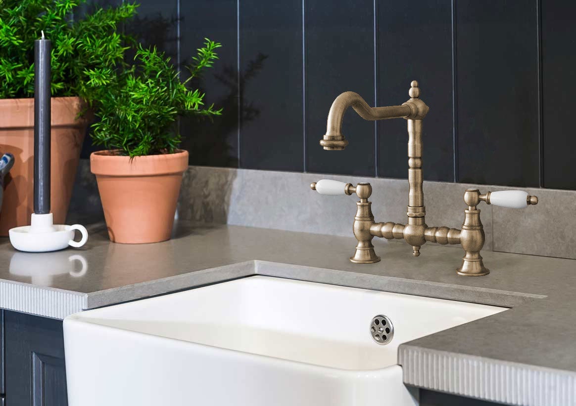 Grifo de cocina PB Nostalgic Bridge Caño acodado bronce con palancas ...