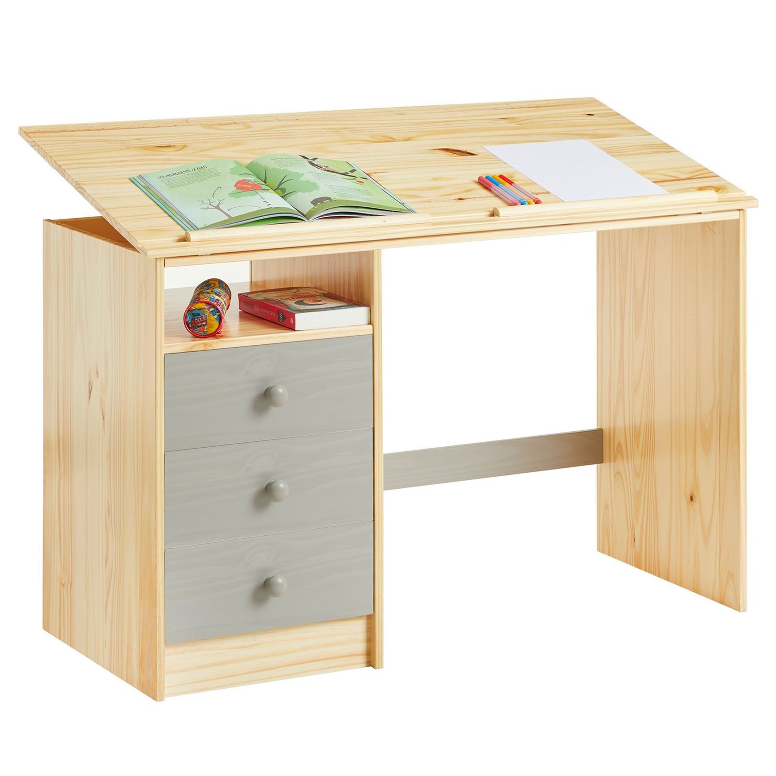 Bureau enfant KEVIN, en pin massif, 3 tiroirs et plateau inclinable ...
