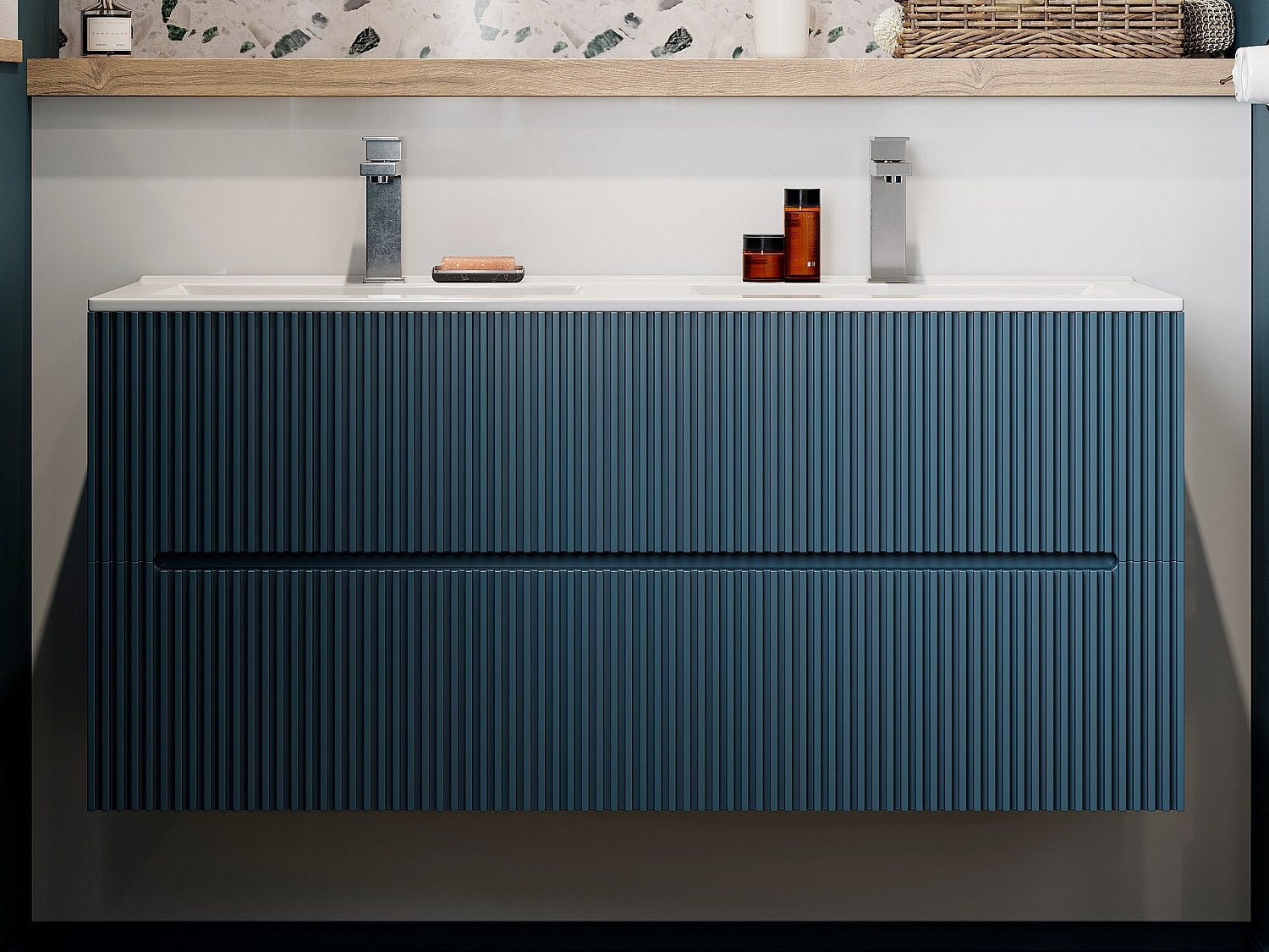 Meuble de salle de bain suspendu strié avec vasque à encastrer- Bleu ...