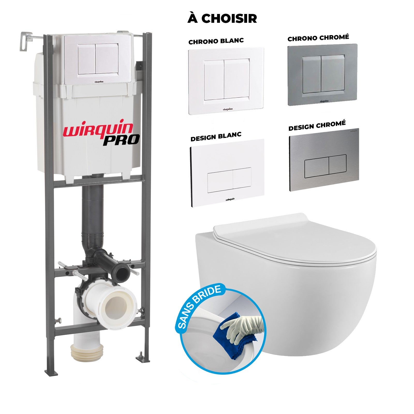 Pack Complet WC Sans Bride Bati INITIO + Cuvette sans bride + Plaque à ...
