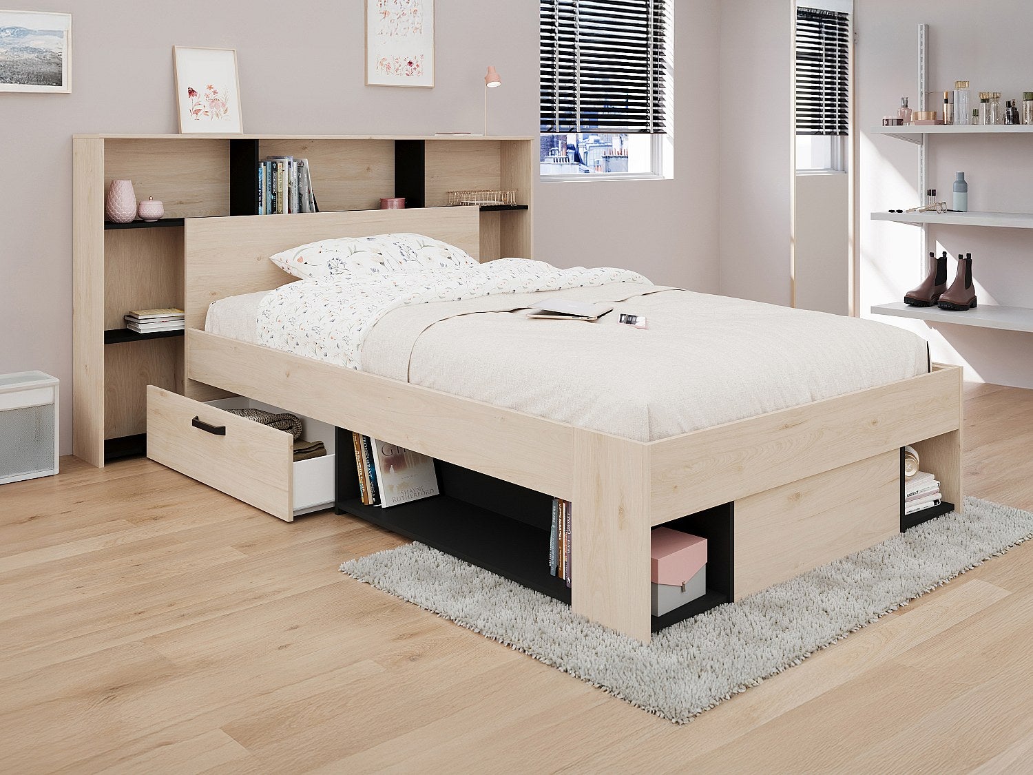 Lit 120 x 190/200 cm avec tête de lit et rangements - Coloris : Naturel ...