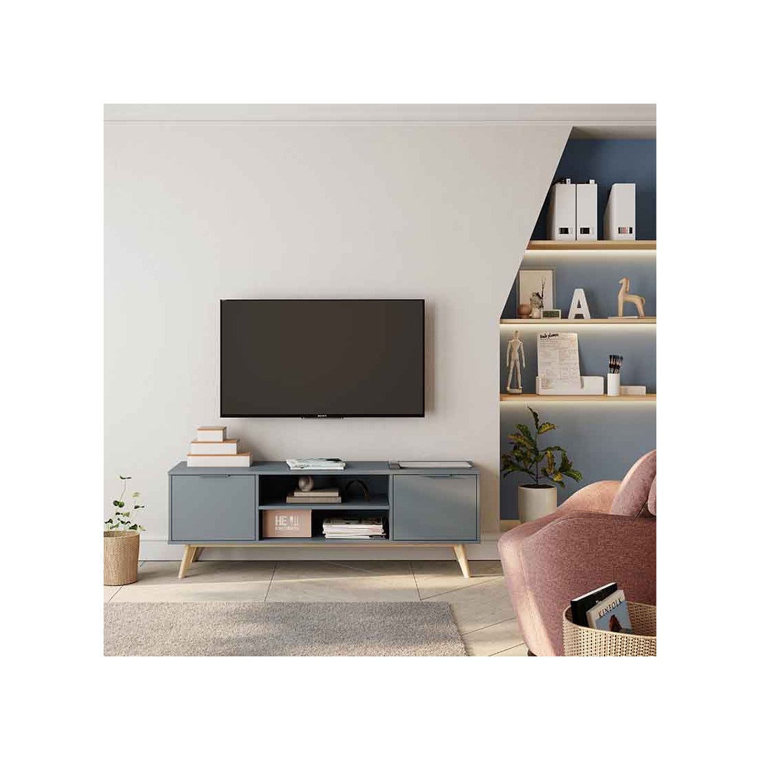 Meuble TV 2 portes Vert de gris/Bois - MUSCAT | Leroy Merlin