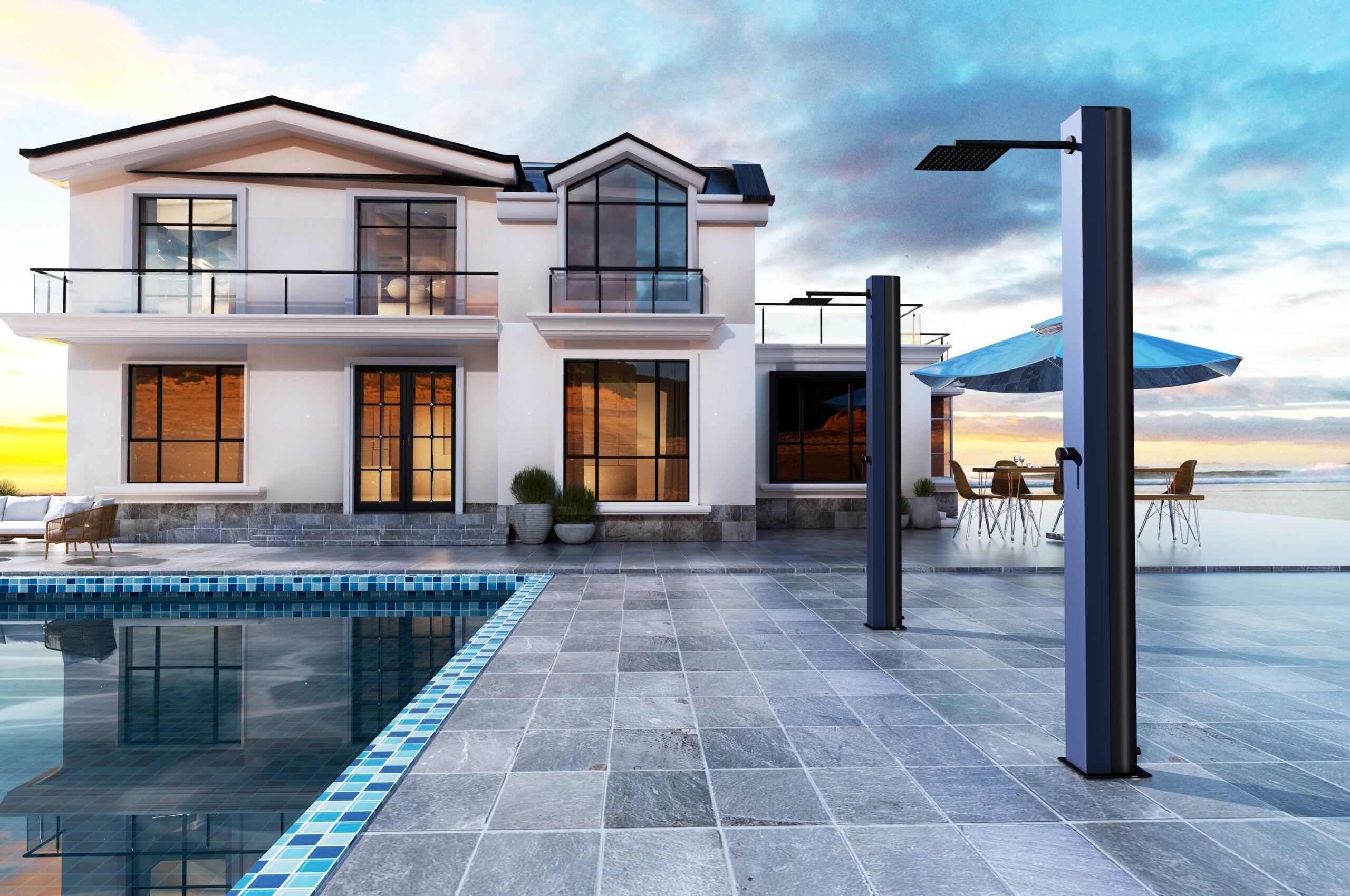 Ducha para piscina en acero 316 color azul y negro mate, con 39 litros ...