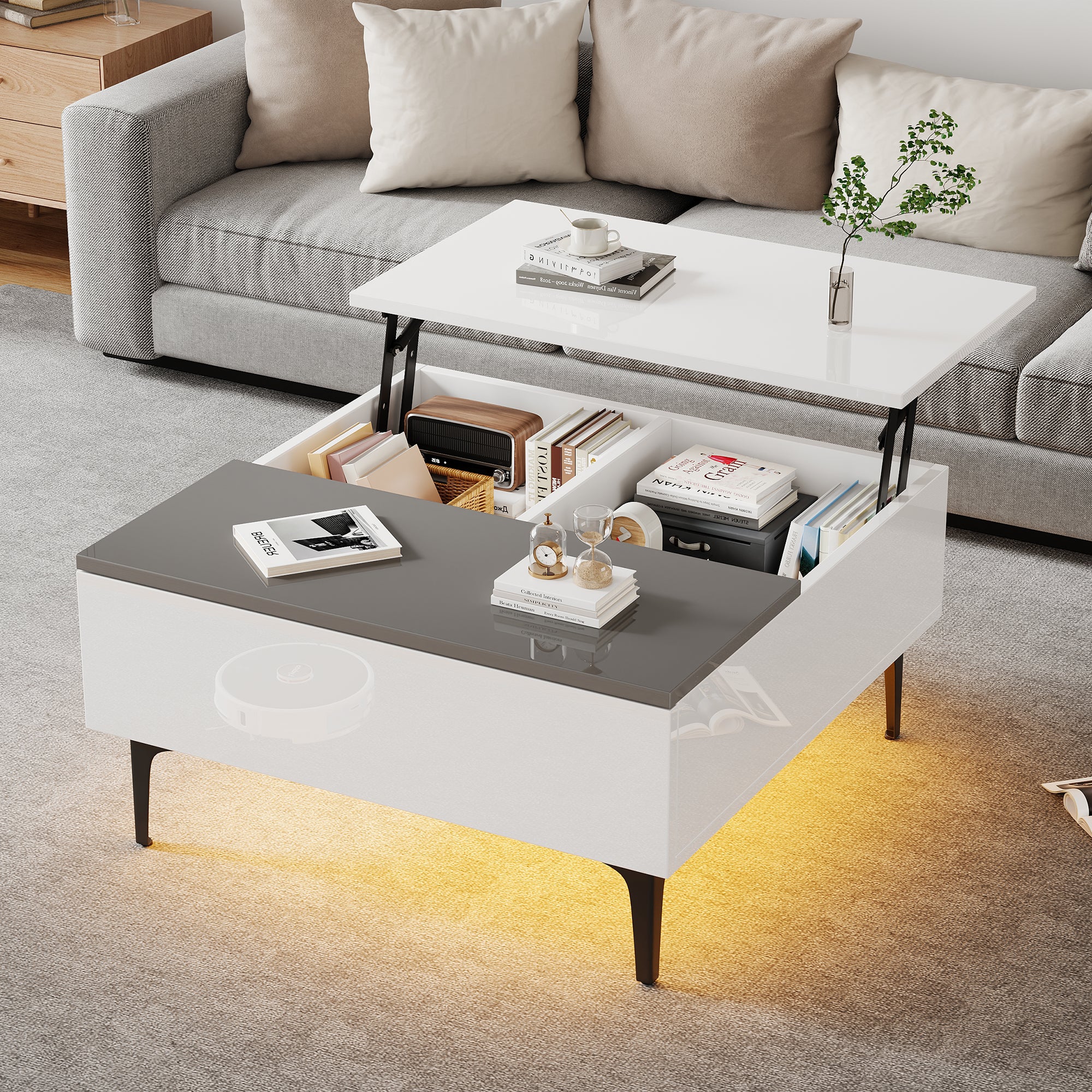 Table Basse Relevable - Table de Salon Blanc avec Rangement Caché, LED ...