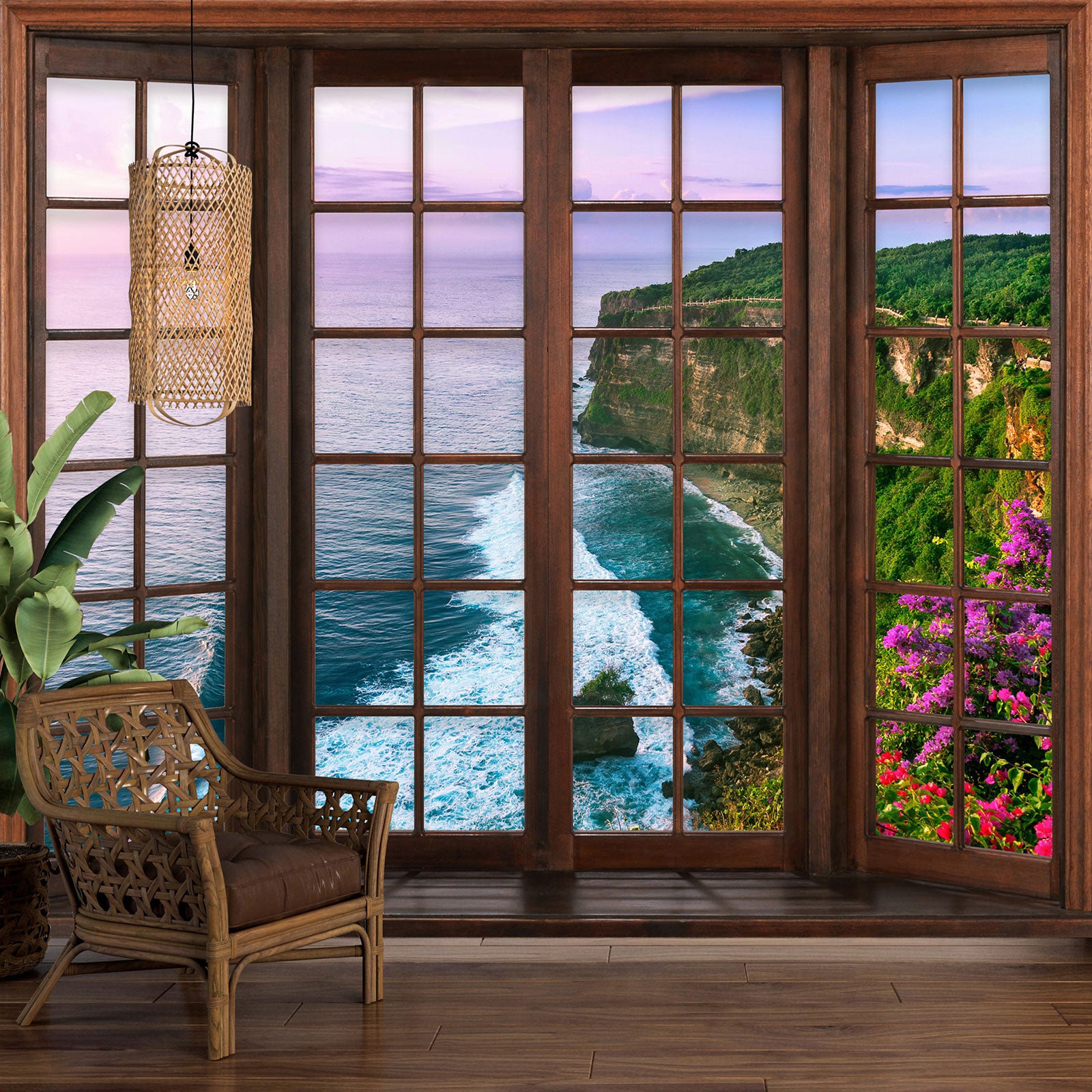 Papel pintado panorámico trampantojo Ventana de madera - Vista al mar ...