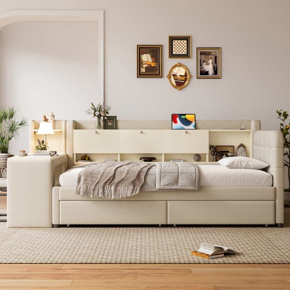 Cama modular 90x200cm con cajones, escritorio integrado, puertos USB y Type-C, espacio Flip Top ...