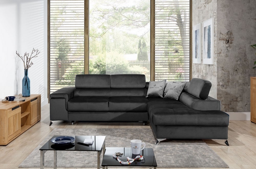 Canapé d'angle convertible - ERWAN - en tissu luxe 5 places, anthracite ...