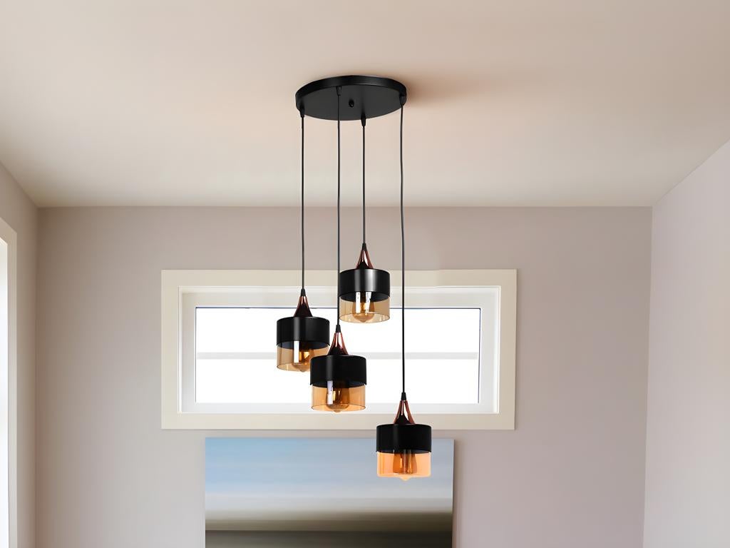 Lustre en métal 4 abat-jours - D.30 x H.65 cm - Noir et verre ambré ...