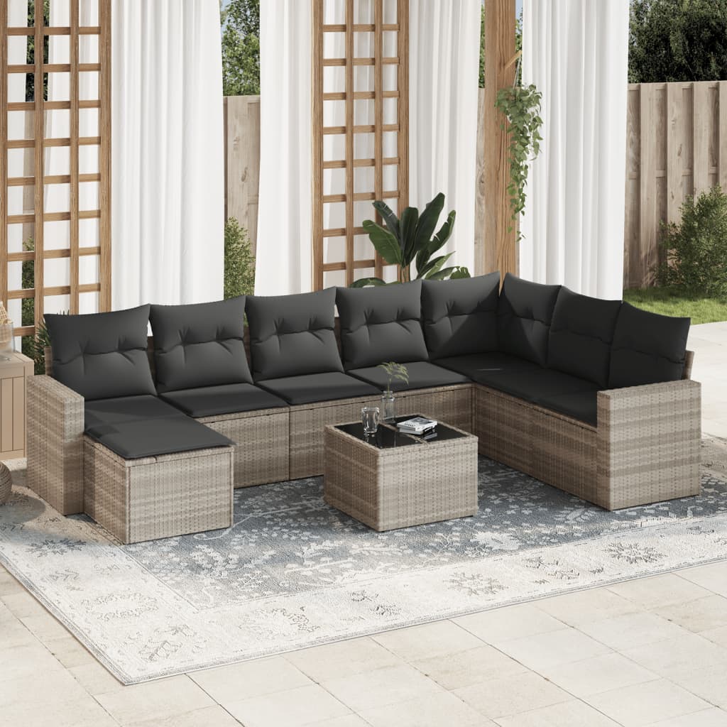 VidaXL Set muebles jardín 9 pzas y cojines ratán sintético gris claro ...