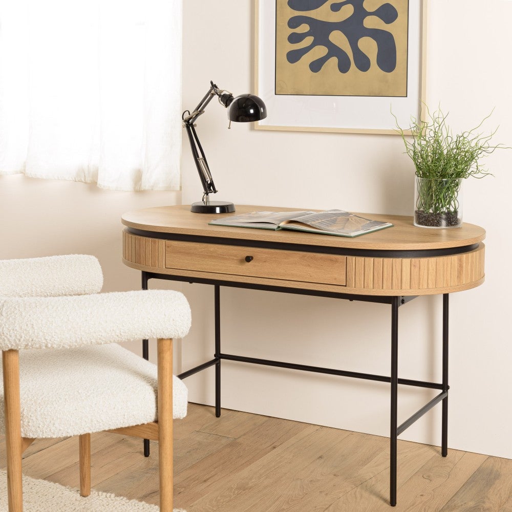 ETHAN - Escritorio redondeado de color natural con 1 cajón y patas ...