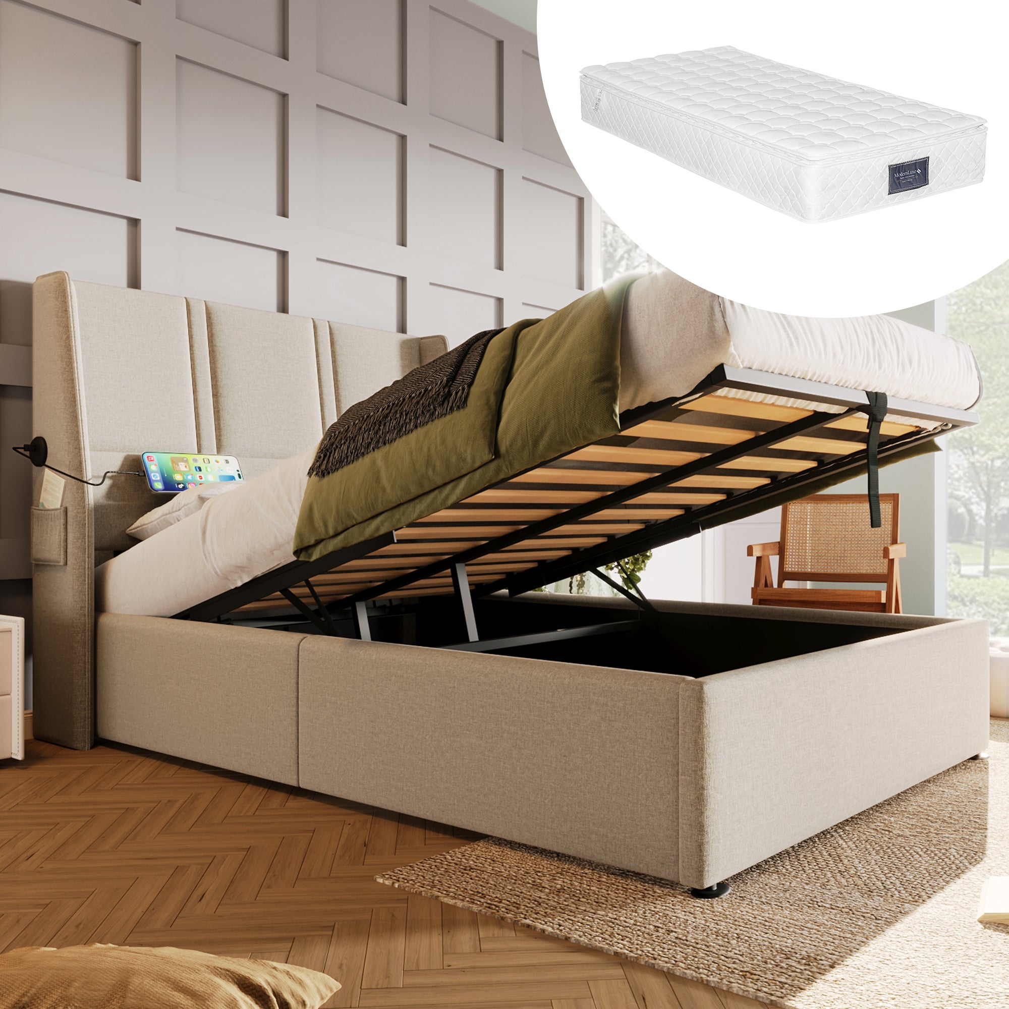 Lit coffre Lit simple Lit rembourré 90 x 200 cm avec ports de charge ...