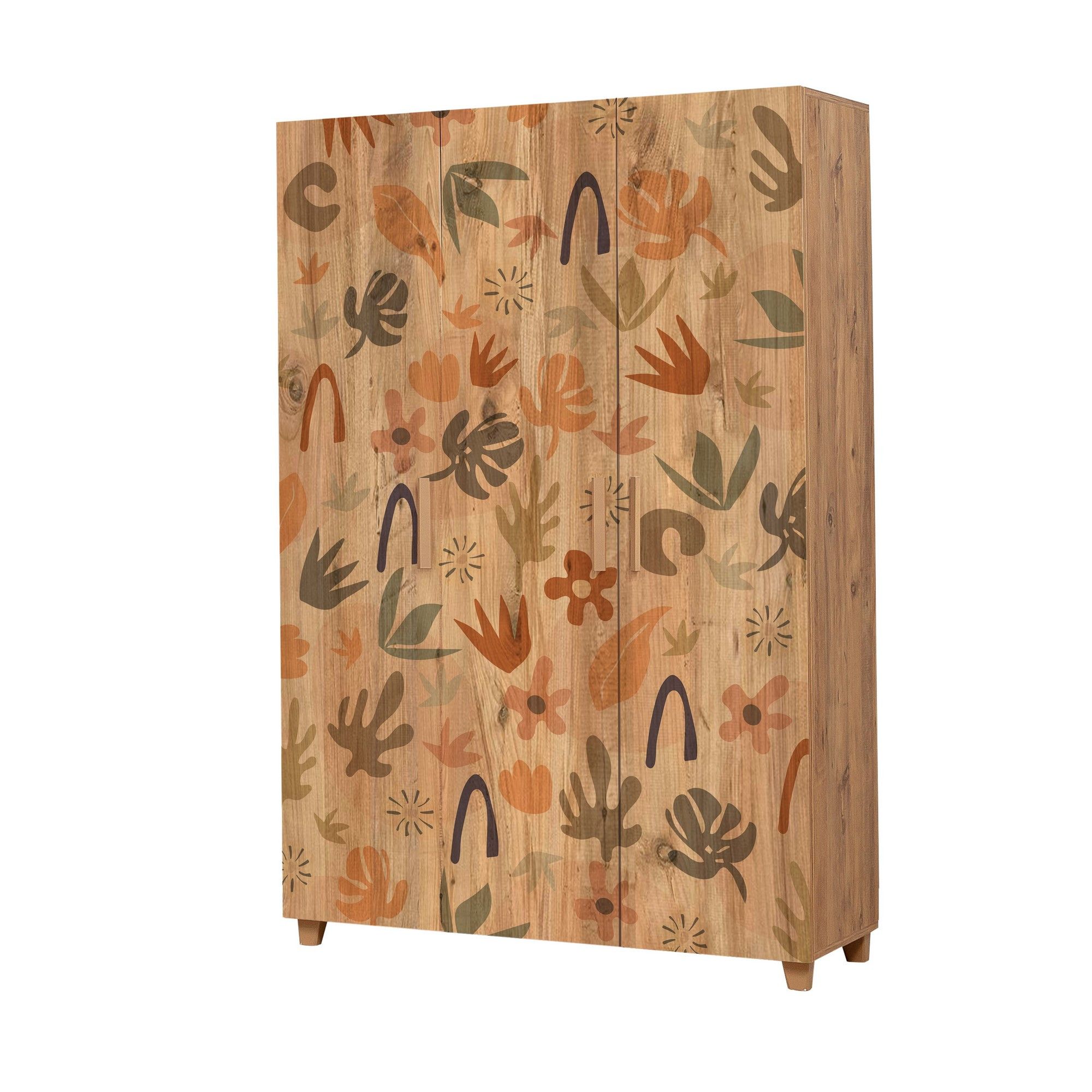 Armoire 3 portes Perth L120cm Bois clair Motif Feuilles Vert, Rouge et ...