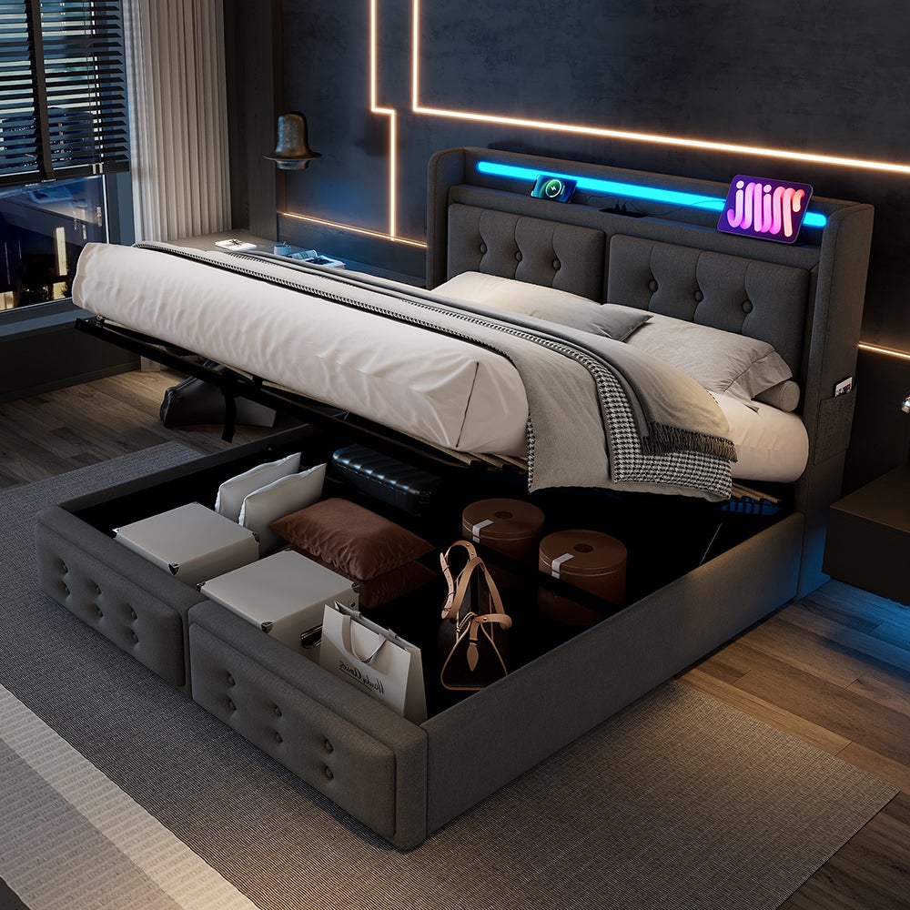 Lit coffre Lit adulte Lit 160x200 cm avec tête de lit LED et USB C avec ...
