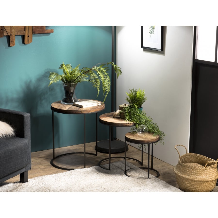 ALIDA - Set de 3 tables d'appoint rondes marrons Teck recyclé Acacia ...