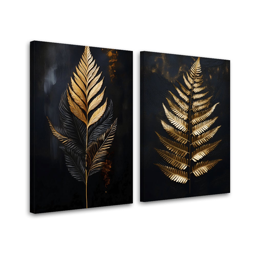 Lot de 2 tableaux pour salon chambre, Fern Golden Glamour Leaves ...