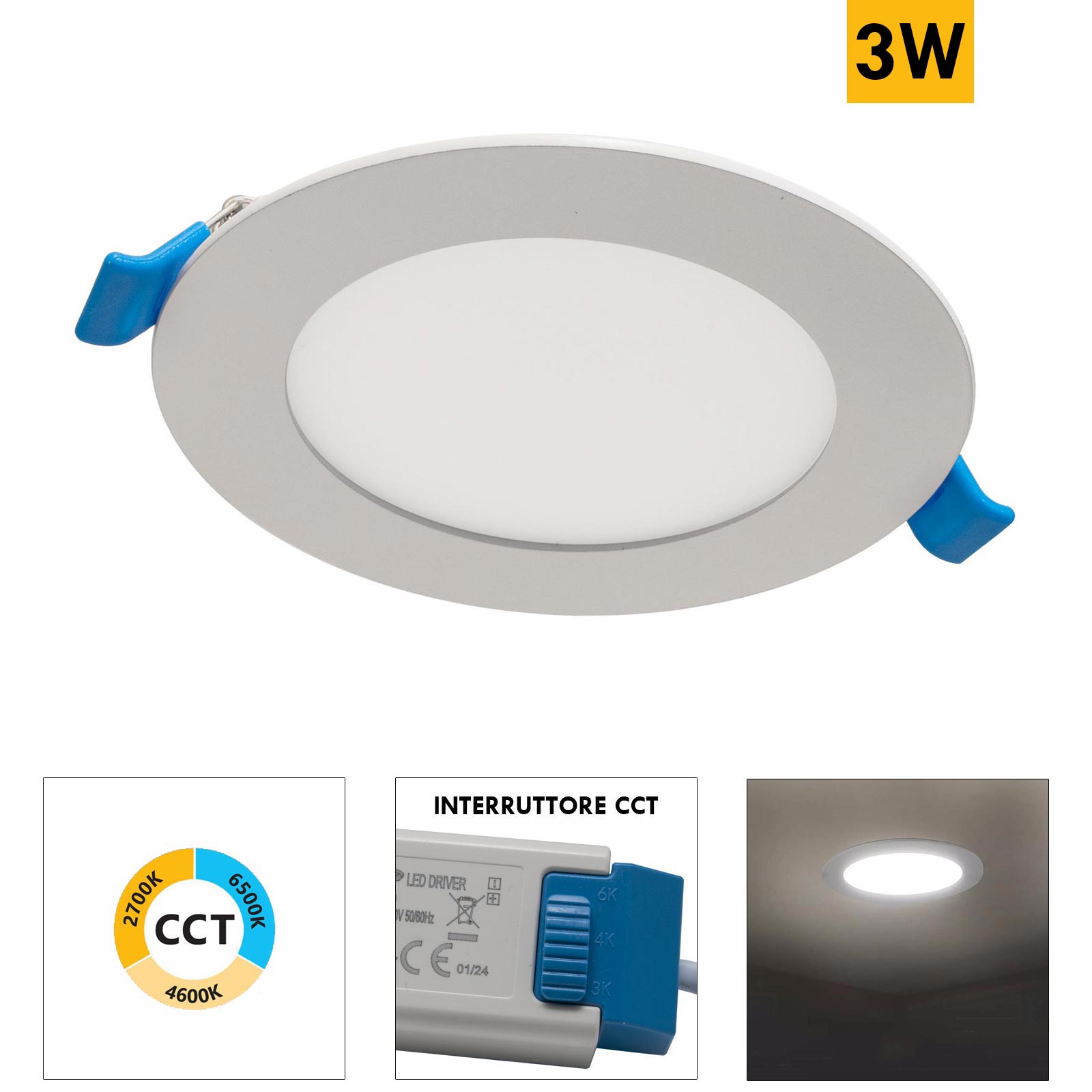 Projecteur LED encastrable rond, mini panneau mince, interrupteur CCT ...