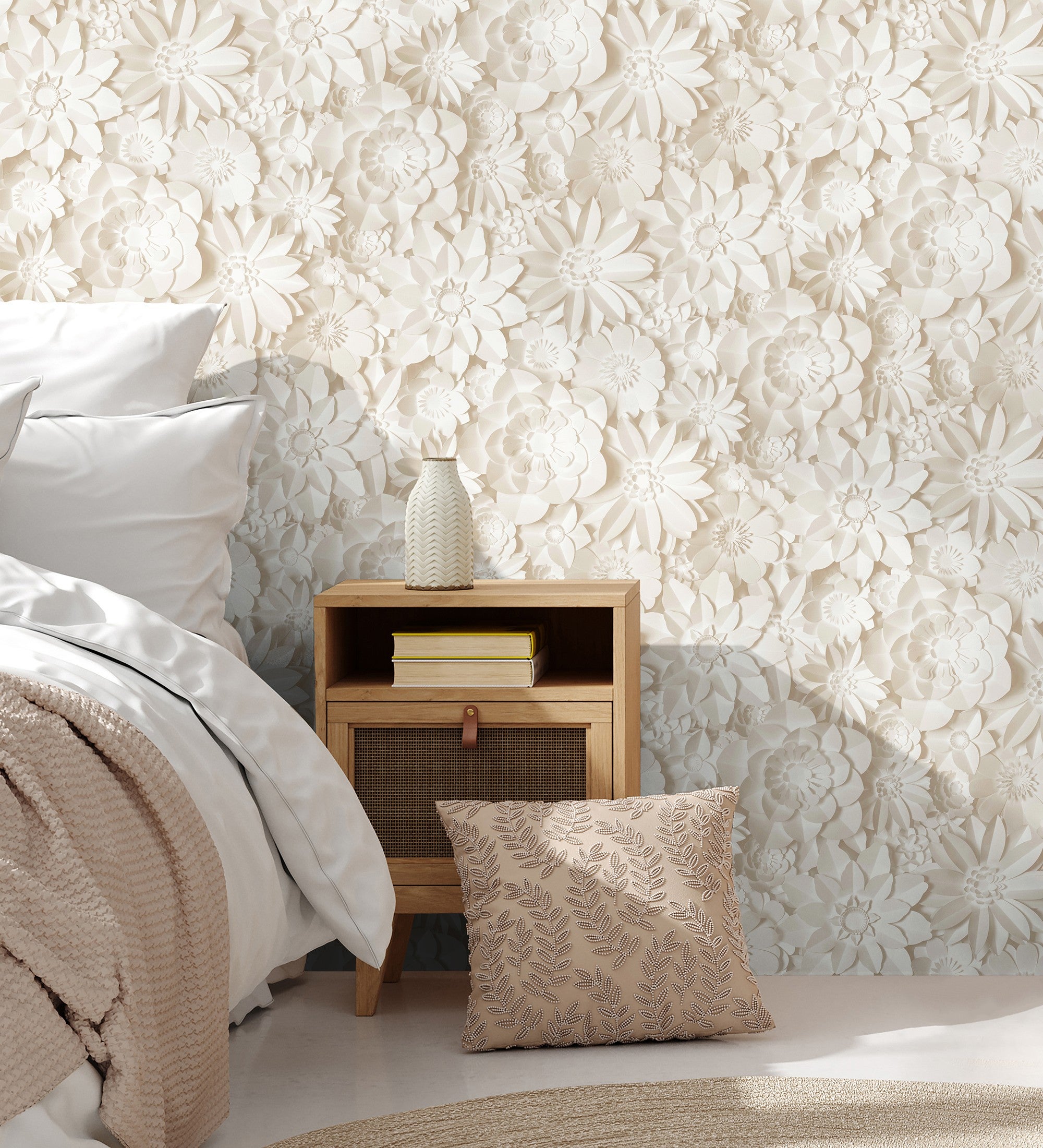 Papel pintado floral con efecto flores 3D en color beige estilo origami ...