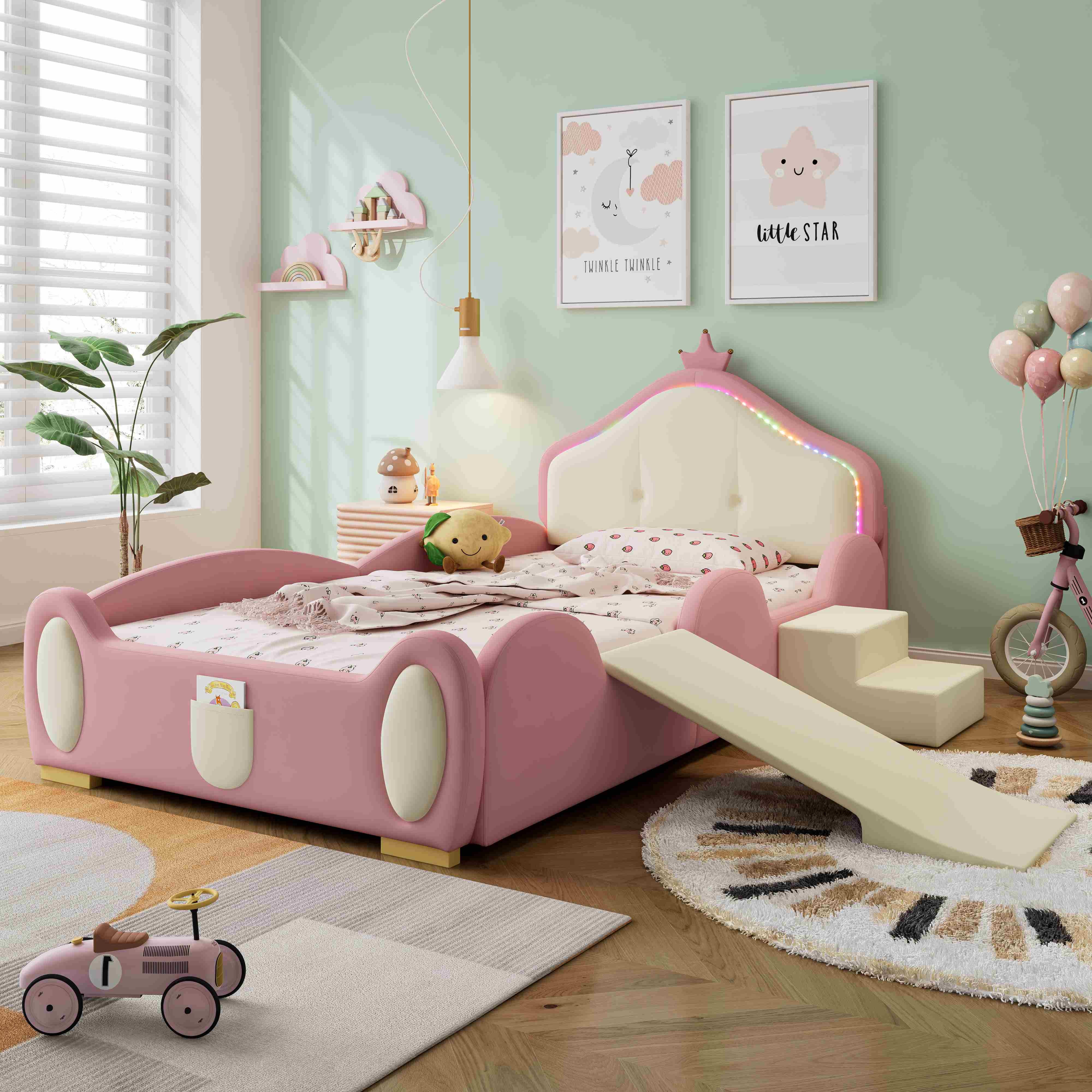Lit enfant 90x200 cm - Lit Cartoon avec LED et toboggan - Rose + Beige ...