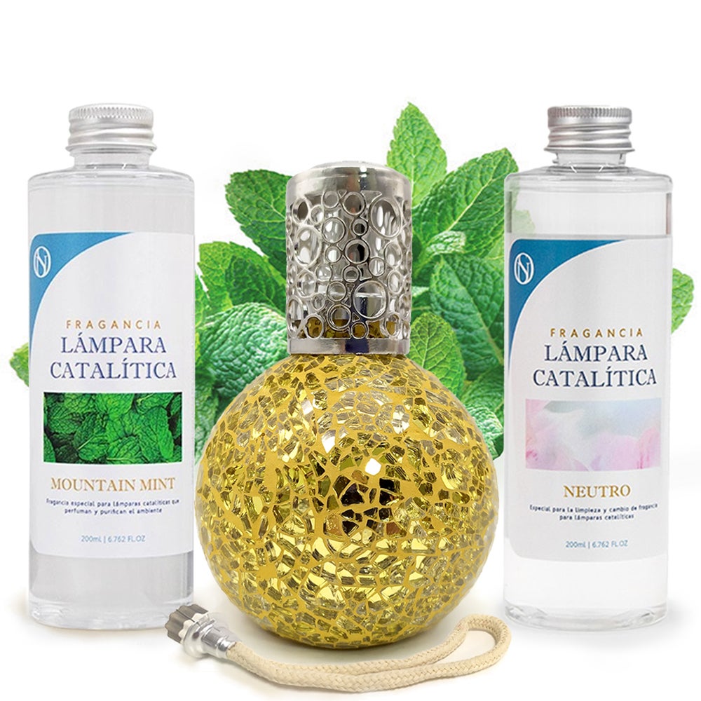 Pack Ahorro Lámpara Catalítica Mosaico Dorado + Fragancia Mountain Mint (200ml) + Limpiador ...