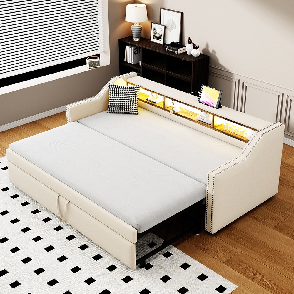 Sofá cama extensible 90/180 x 190 cm, iluminación LED y enchufe USB, Beige | Leroy Merlin