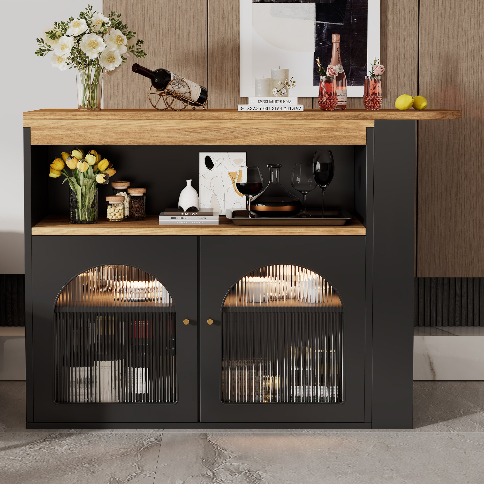 Buffet、Meuble de bar pivotant et escamotable avec LED - grand espace de ...