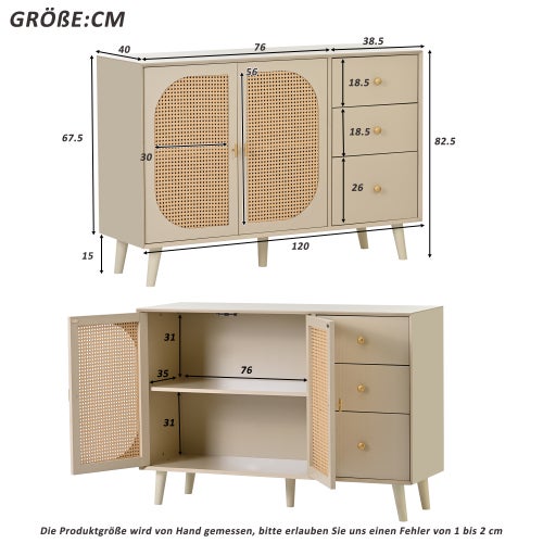 Buffet 120 cm, en bois crème, avec portes et tiroirs, système "Push to ...