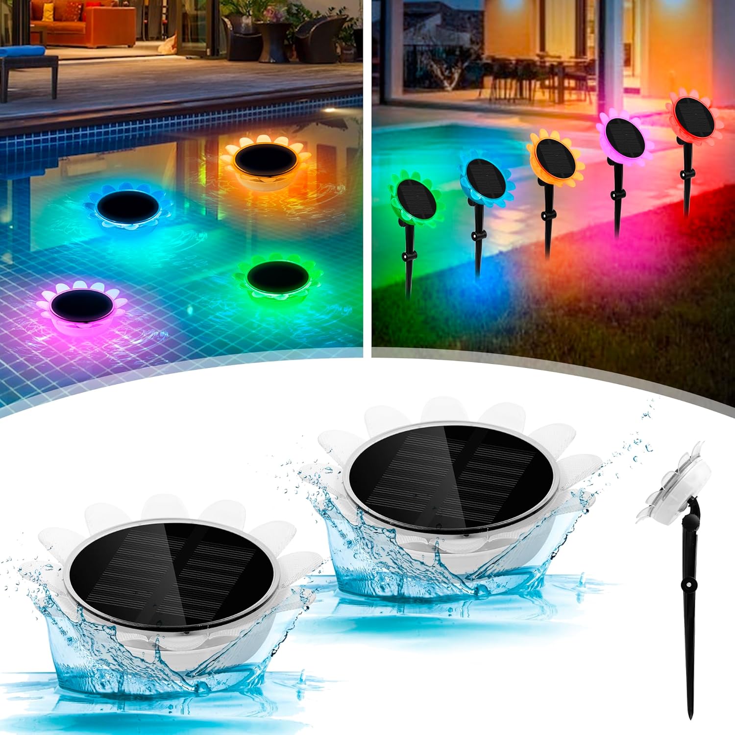 2 luces LED solares flotantes RGB - 16 colores, IP68, para decoración ...