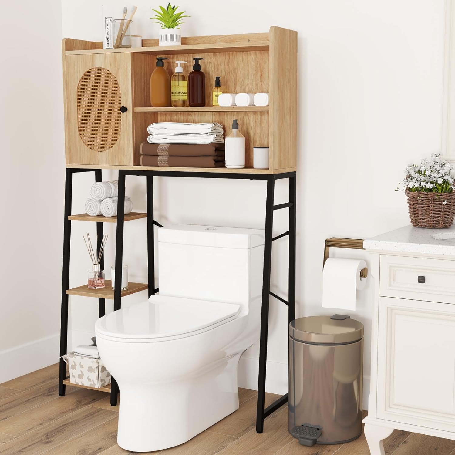 COSTWAY Scaffale Bagno 139cm sopra WC, Mobile Bagno Salvasapzio con ...