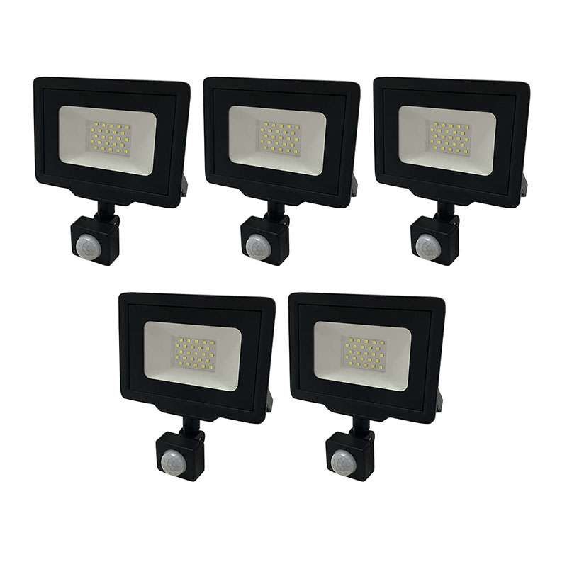 Juego de 5 Focos LED Negros 20W (100W) con Sensor IP65 1600lm - Blanco ...