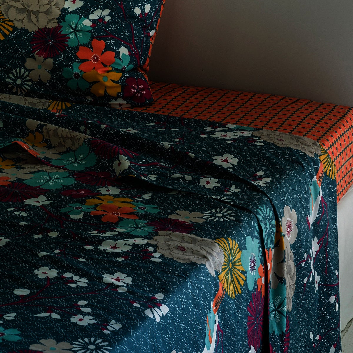 Drap coton, Miss China - Imprimé bleu canard - 270 x 290 cm | Leroy Merlin