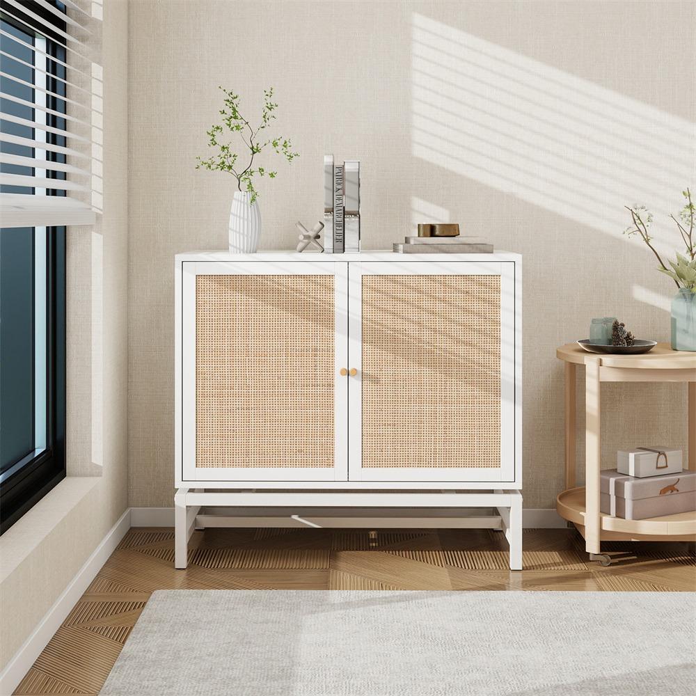 BRIGHTAKE-Armoire Murale Suspendue avec Rattan Naturel, Double Porte ...