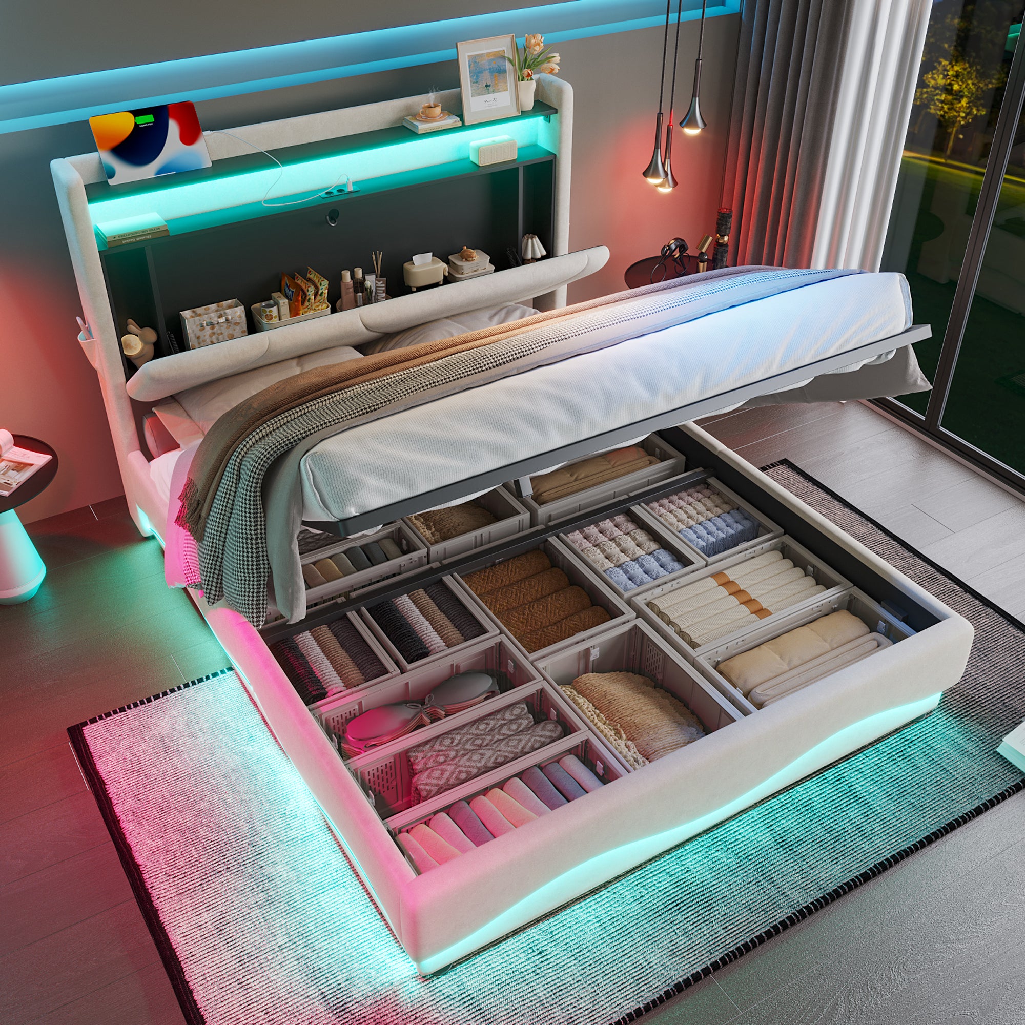 Cama canapé de 160 x 200 cm con cabecero y estantes - Terciopelo ...