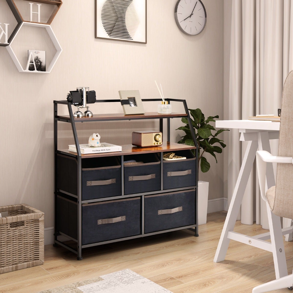 Commode | Armoire de Rangement Tissu 5 Tiroirs 2 Étagères Rangement ...