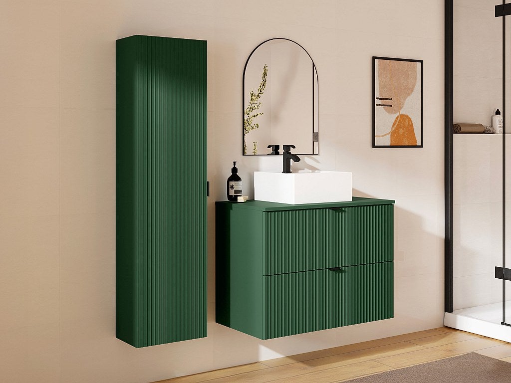 Mueble de baño suspendido estriado con lavabo cuadrado sobre encimera y columna - Verde mate ...