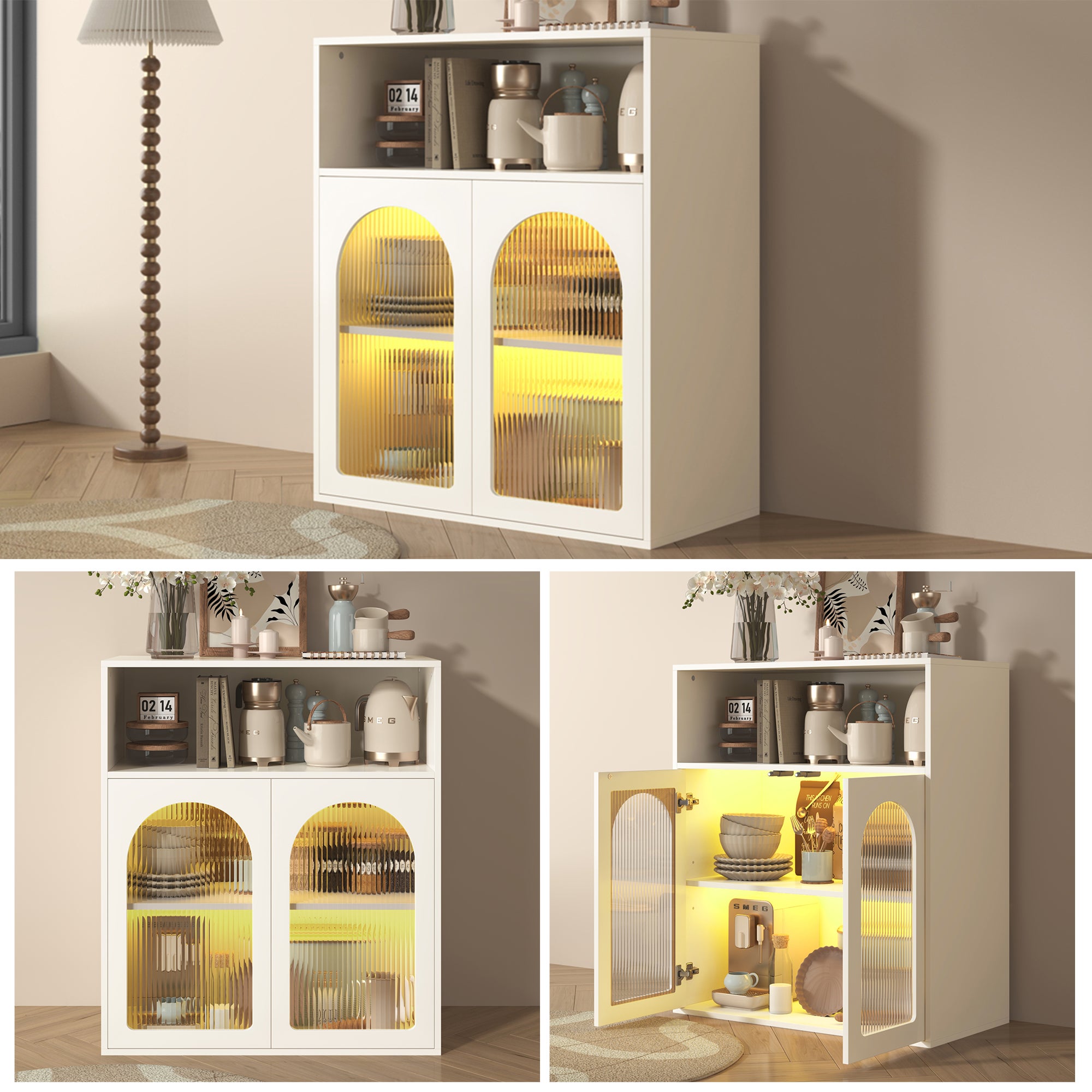 Buffet avec 2 portes vitrées et lumière LED - 70 x 35 x 90 cm - Bois ...