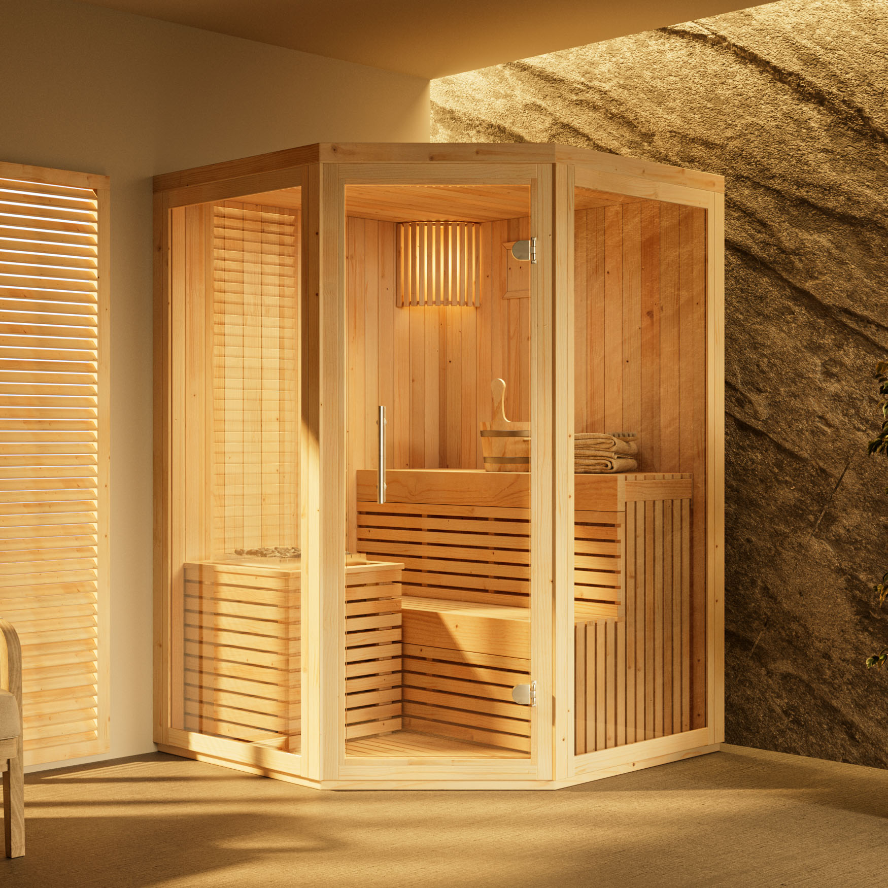 Sauna intérieur Ylva FinnTherm, 1.4x1.4m dim. ext. (cas échéant incl ...