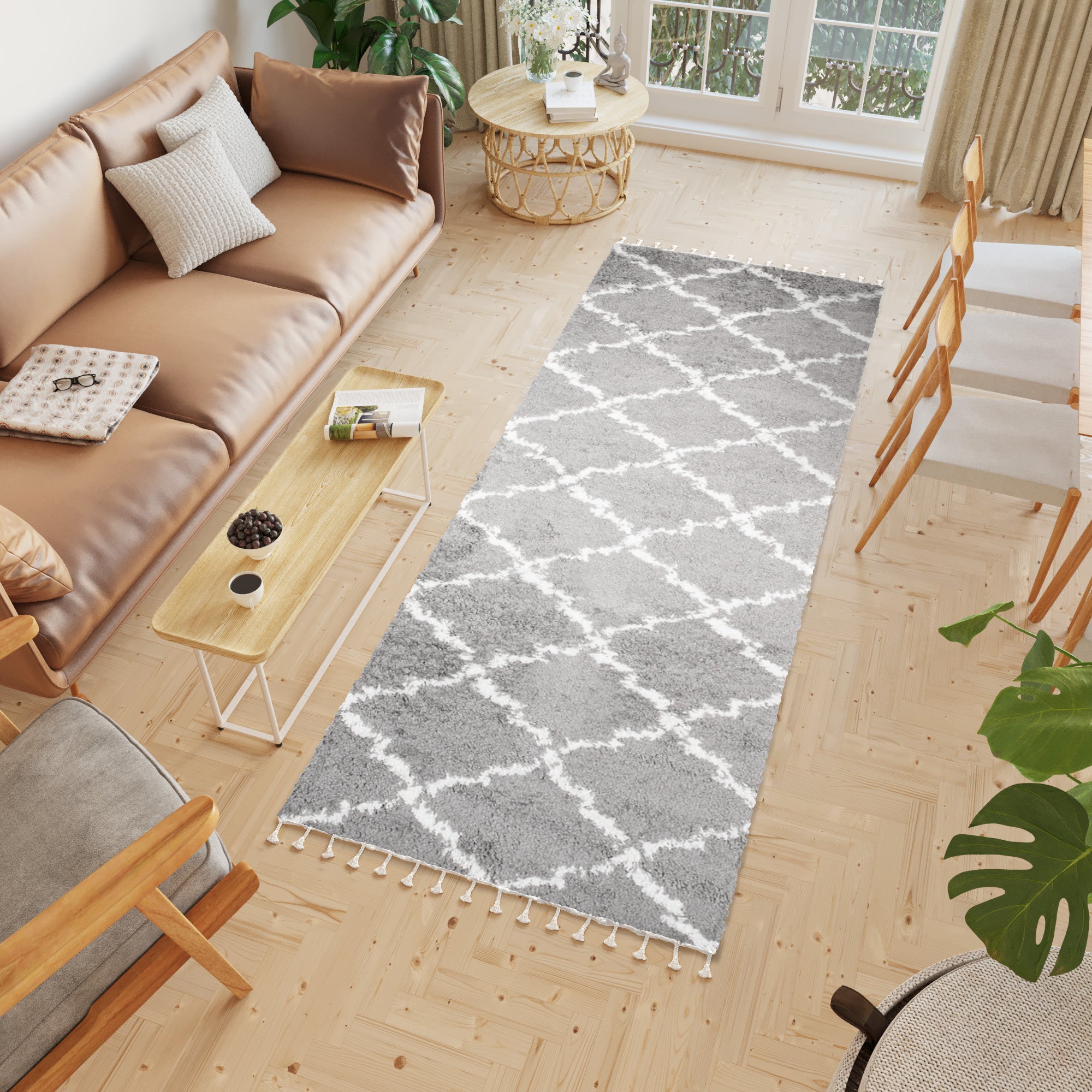 TAPISO Boho Tapis Shaggy Gris Crème Treillis 100x400 | Leroy Merlin