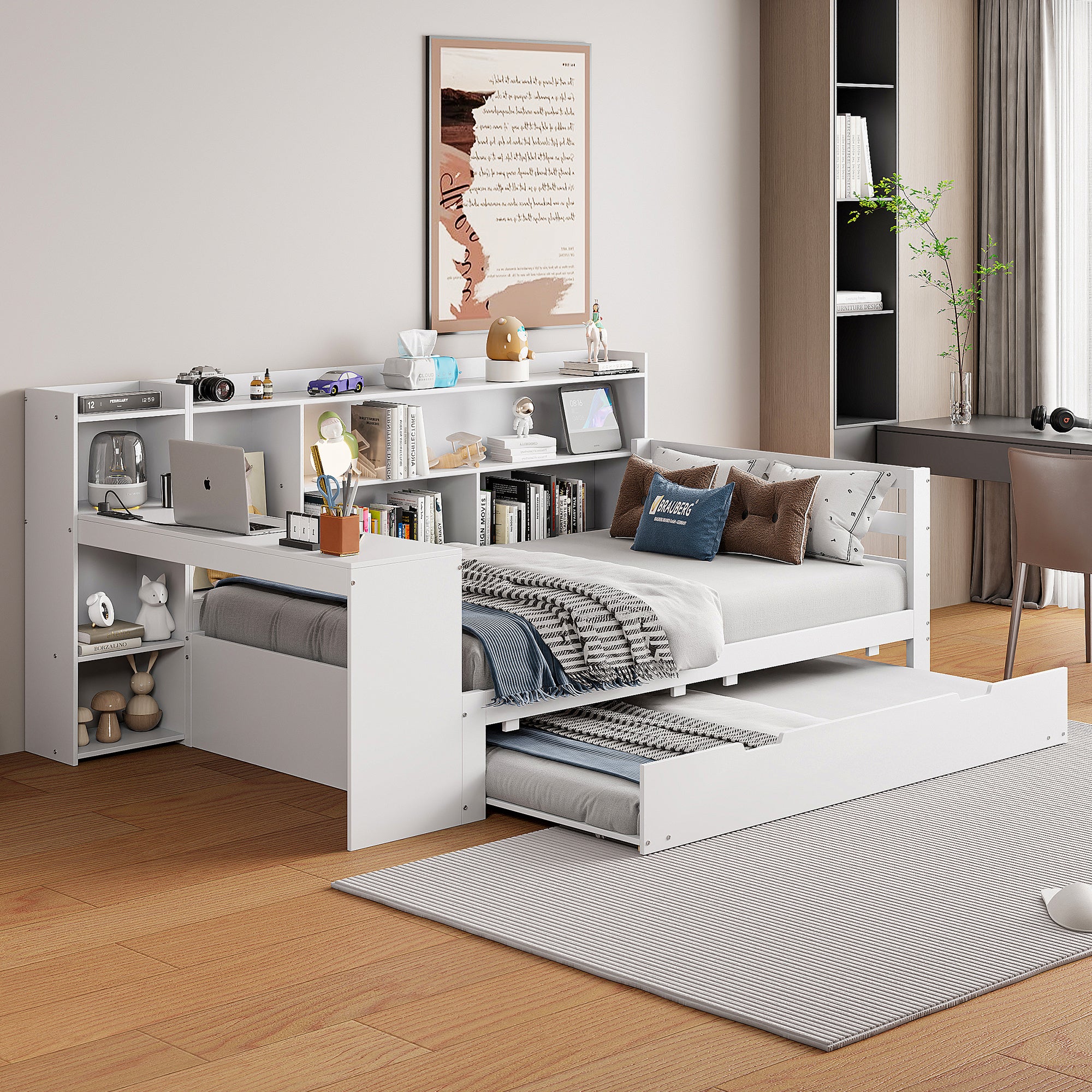 Canapé lit bois 90x200 avec bureau, étagères, prises, lit extra, blanc ...