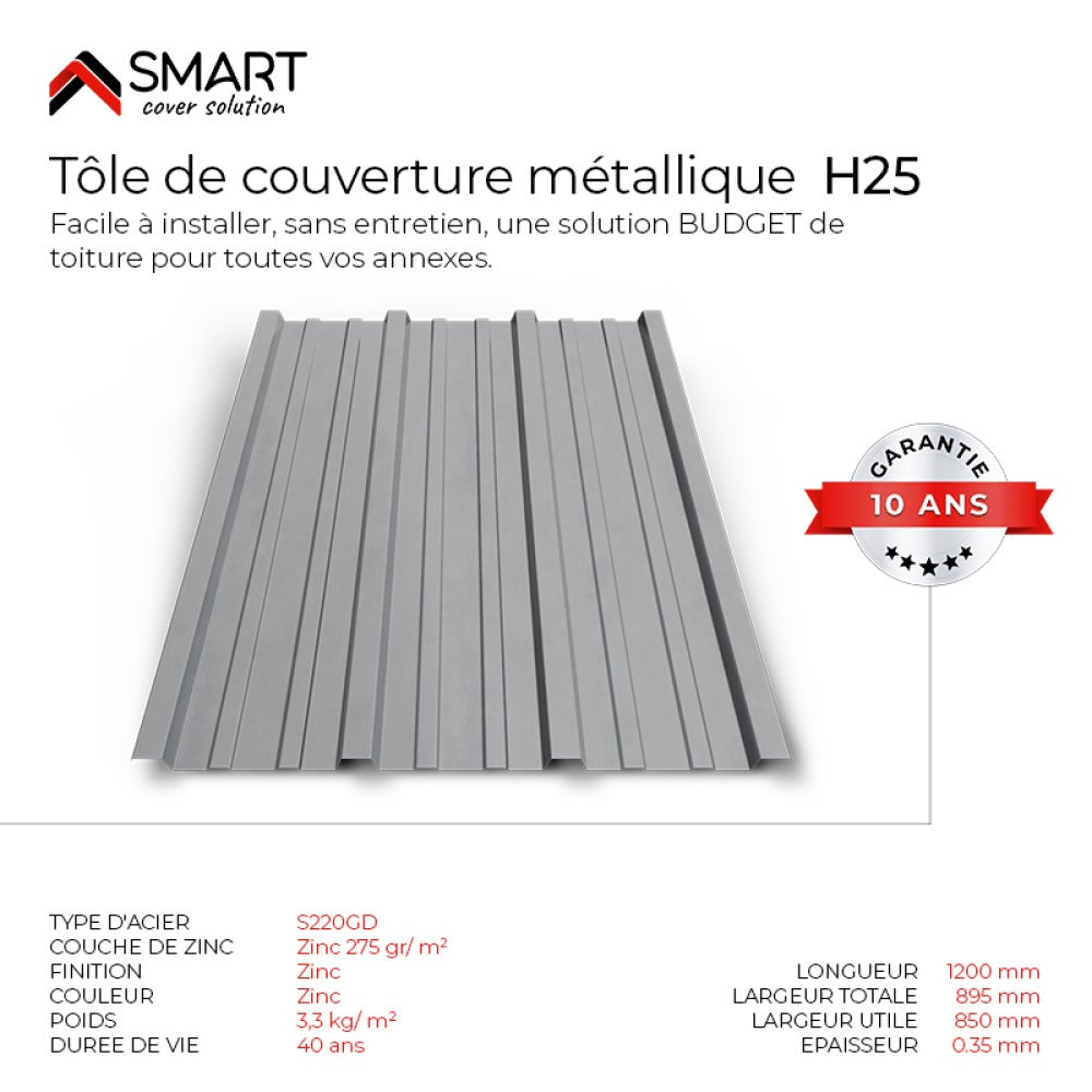 Tôle bac acier - Toiture - Couverture - plaque TR25 Galvanisé Dimensions 1200x895x0.40mm Zinc ...