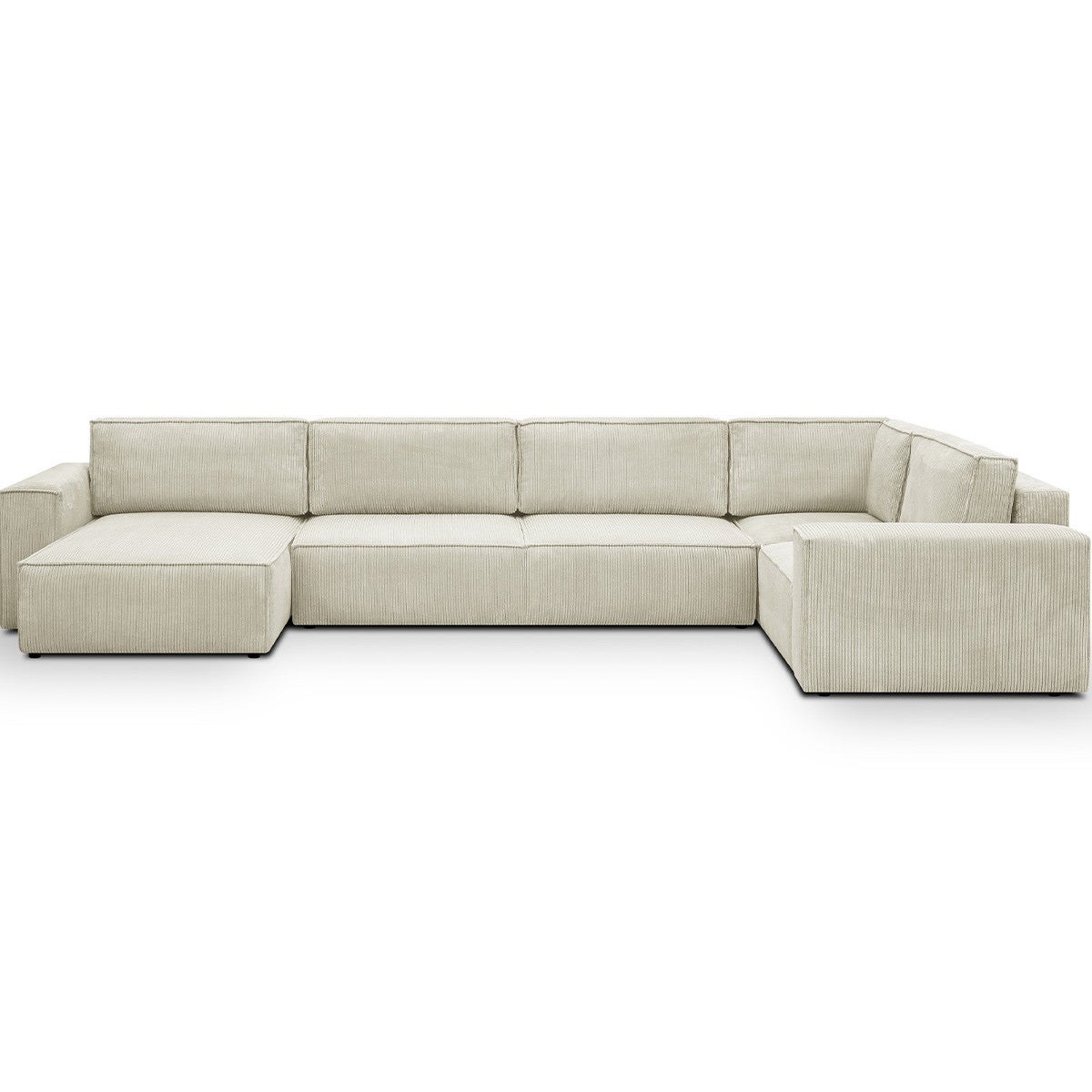 Canapé d'angle à droite panoramique convertible modulable 8 places en velours côtelé beige ...