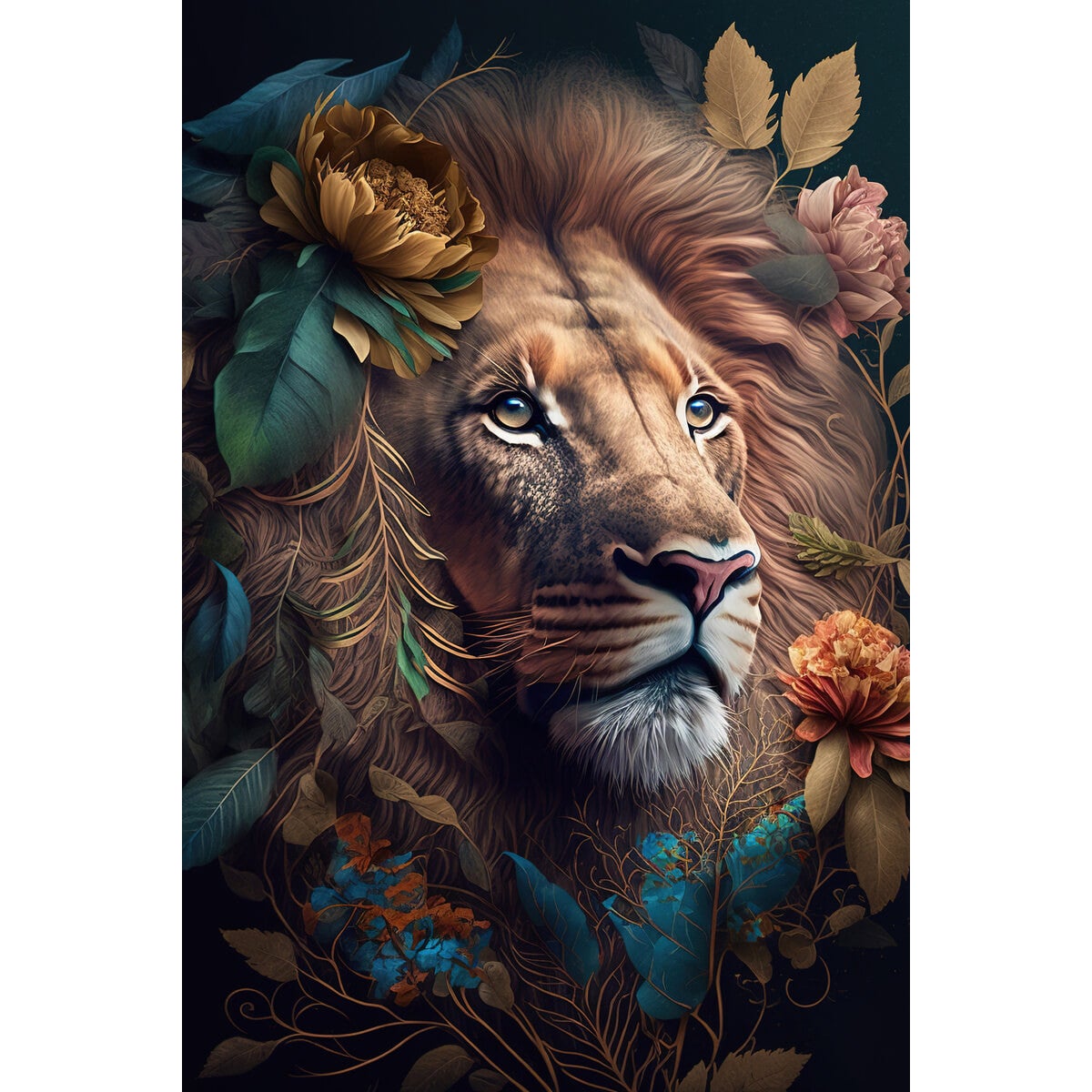 Tableau sur verre lion roi fleuri 45x65 cm | Leroy Merlin
