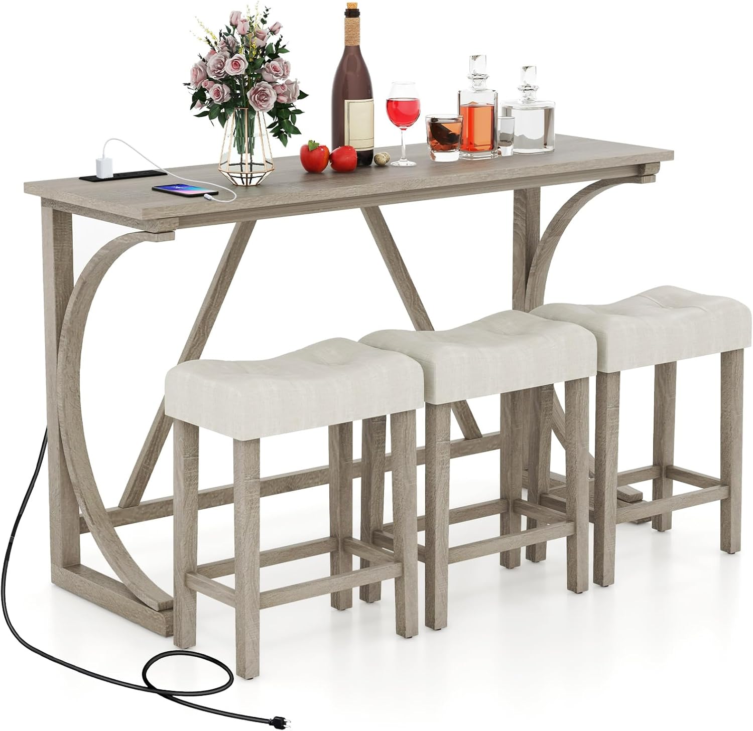 Table Bar avec Tabouret pour 3 Personnes, Table de Cuisine Bois avec ...